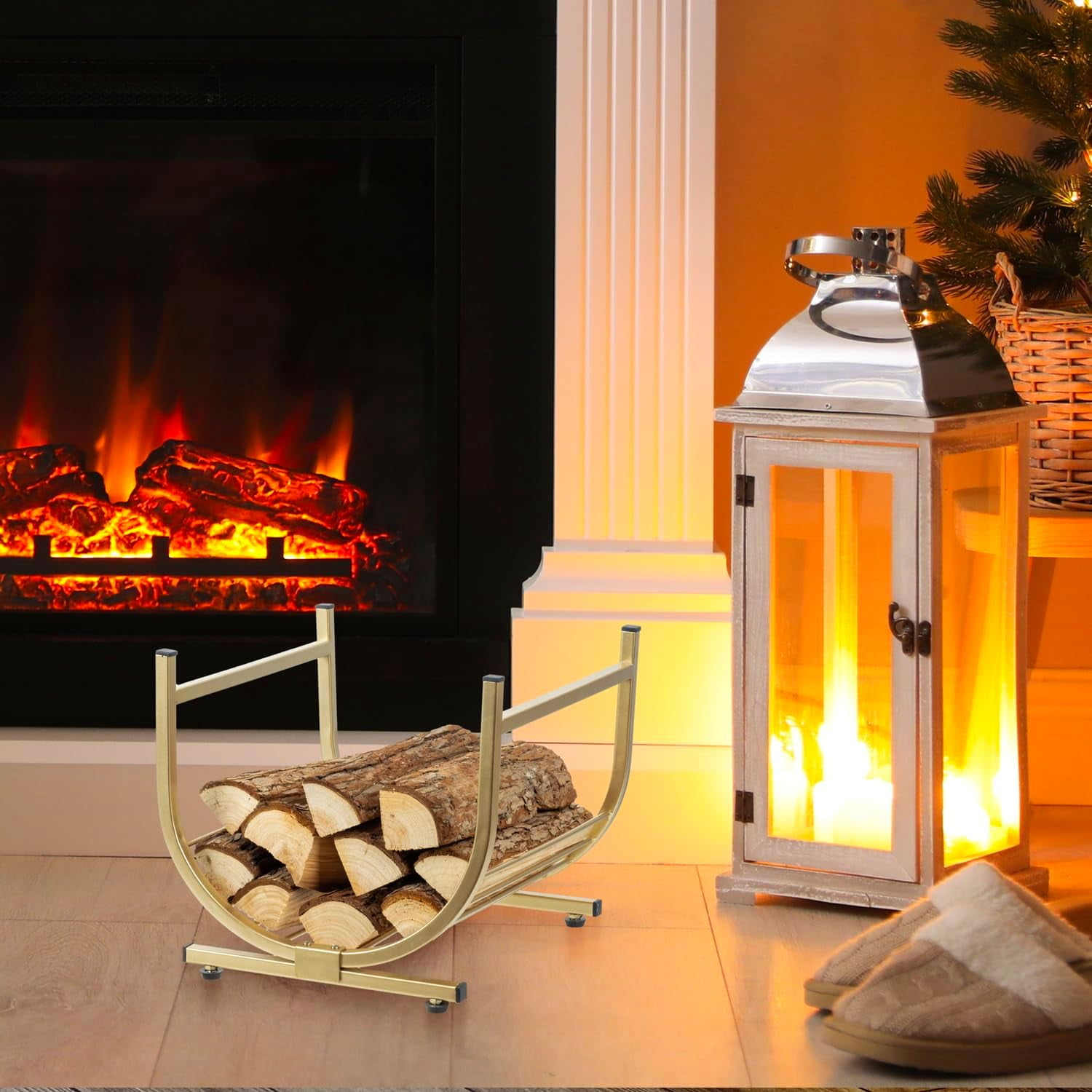 Modern Firewood Storage Rack with Brass Tone Metal U-Shape Frame ...