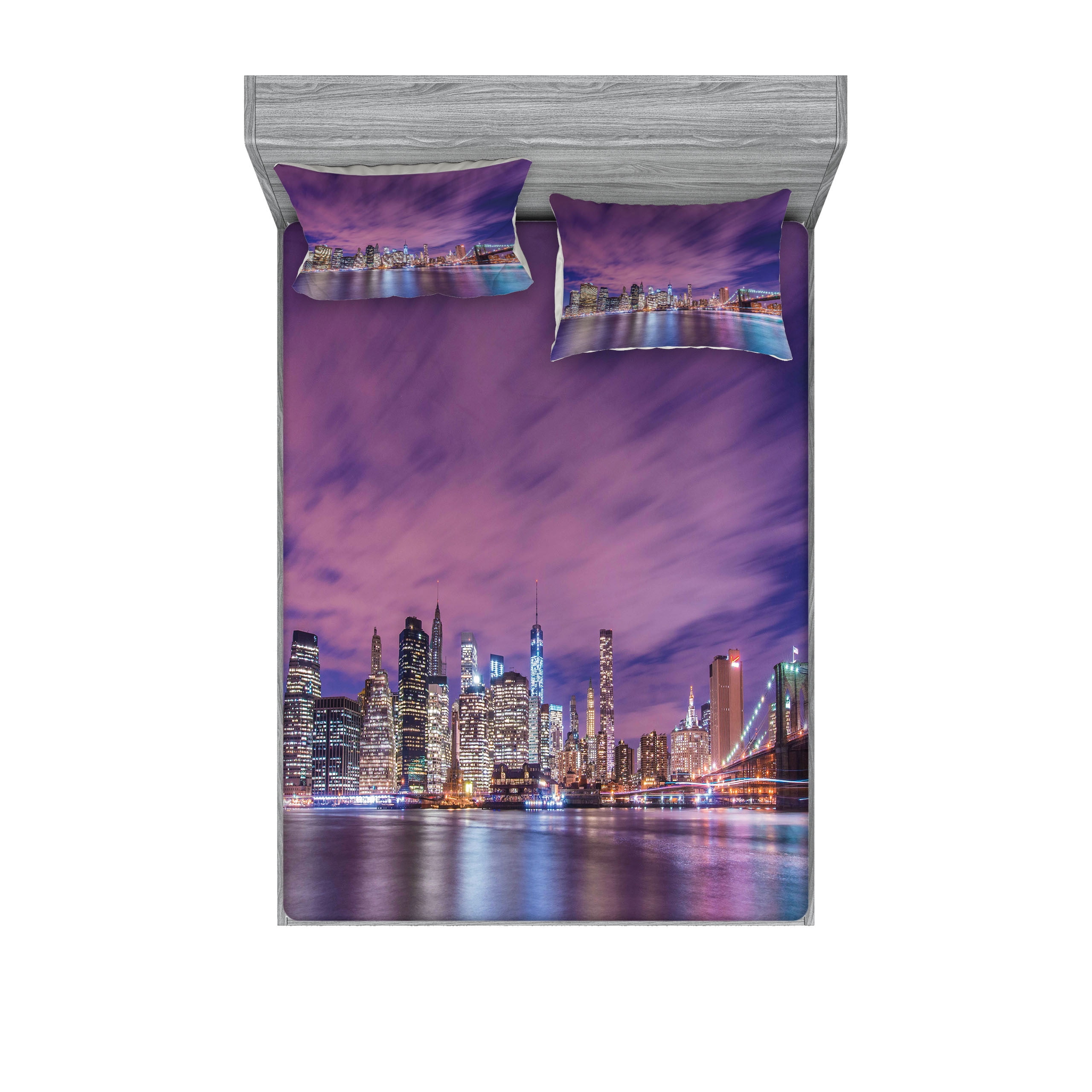 Modern Fitted Sheet & Pillow Sham Set, New York City Skyline at Night ...