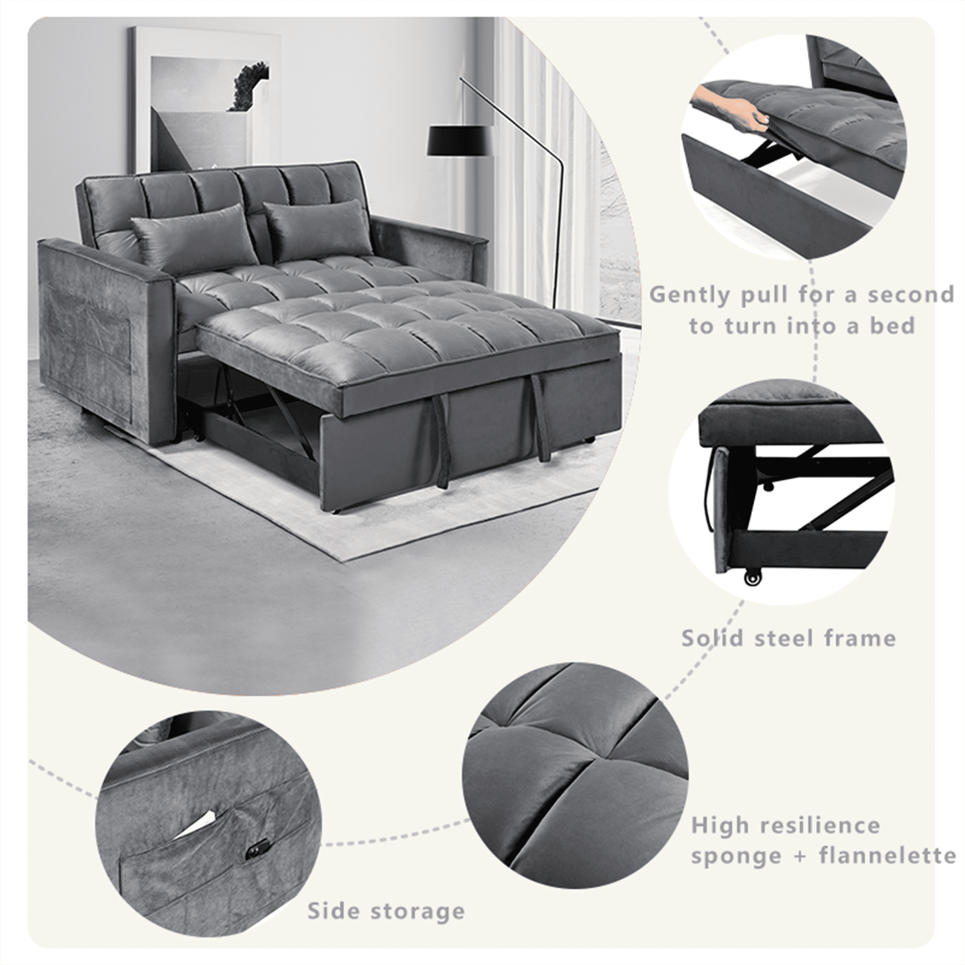 Modern Flannel Double Sofa With Folding Bed, Small Double Sofa With ...