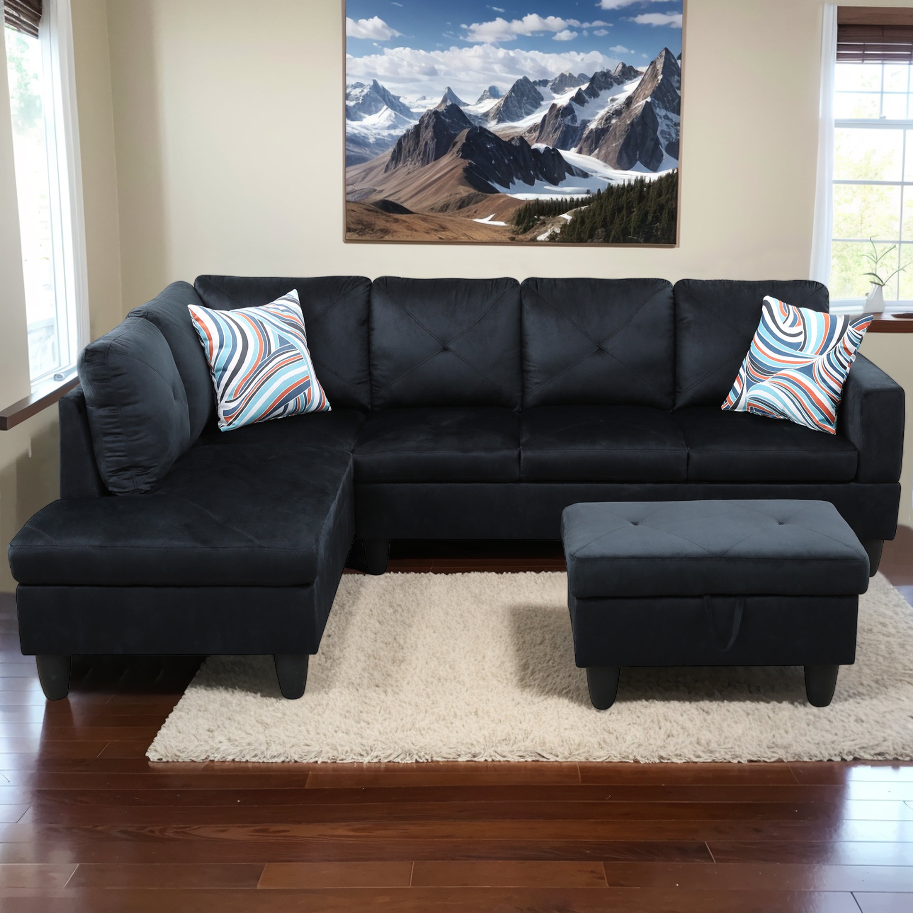 Modern Flannel Sectional Couch With Ottoman-Stylish,L-Shaped Design For ...