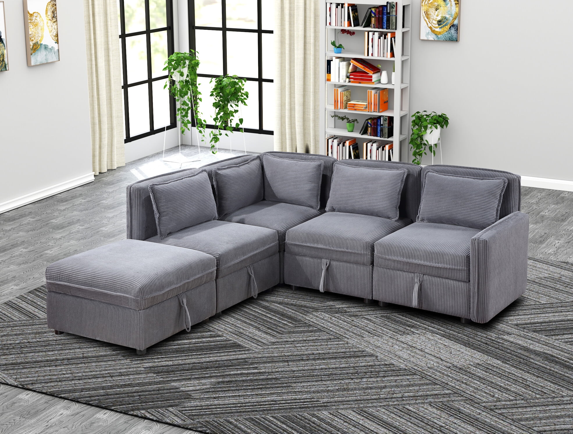 Modern Flexible Modular Sofa with Removable Ottoman And Large Capacity Storage, Comfy Corduroy ...