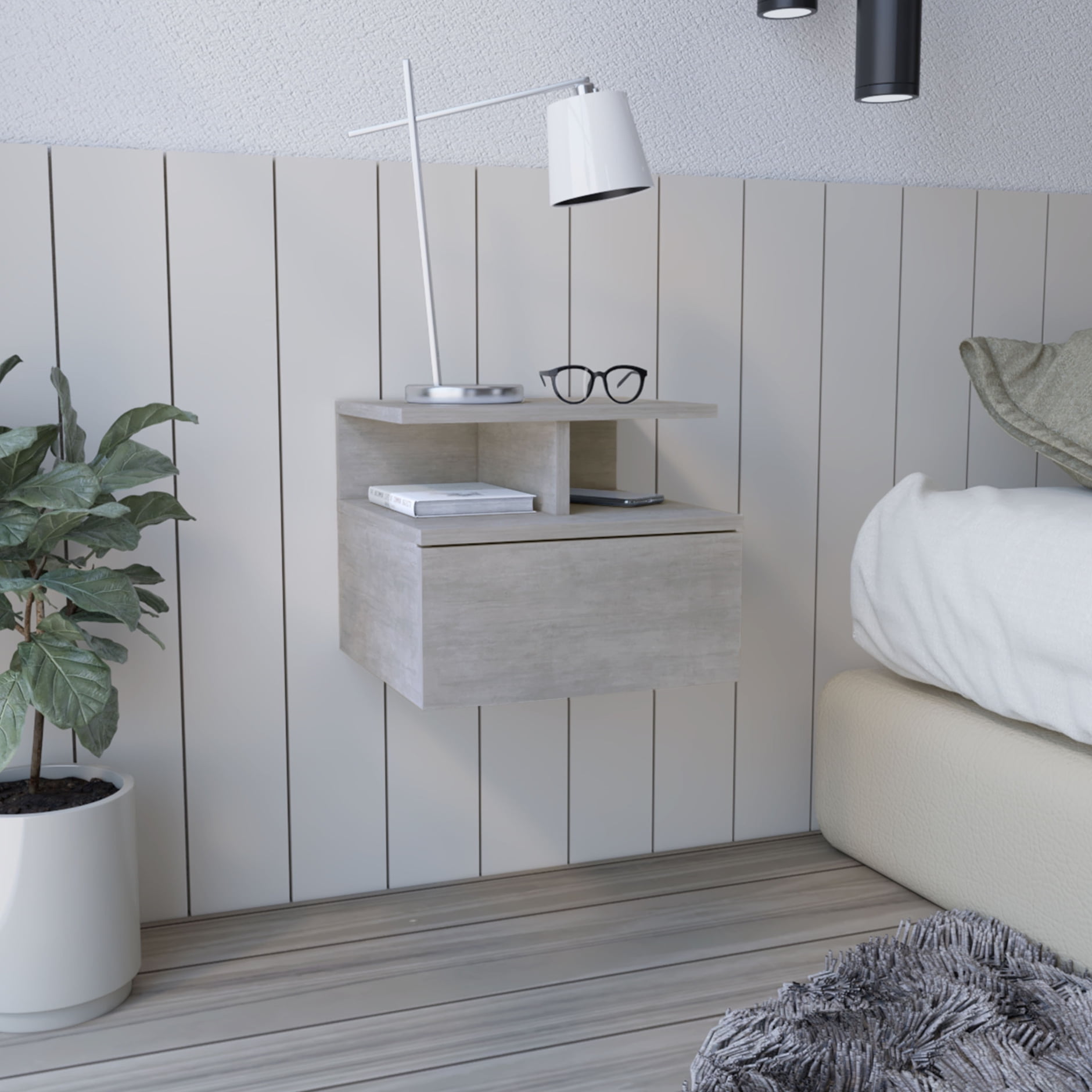 Modern Floating Nightstand with Drawer and 2 Open Shelves and Open Top ...