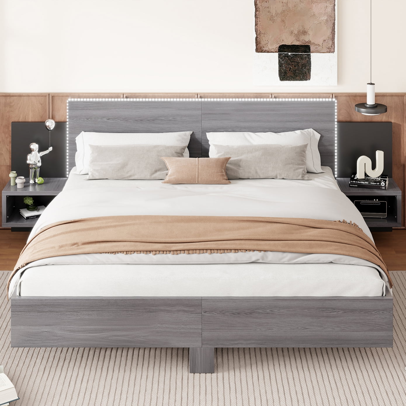 Modern Floating Platform Bed Frame with LED Lights and Built-In ...