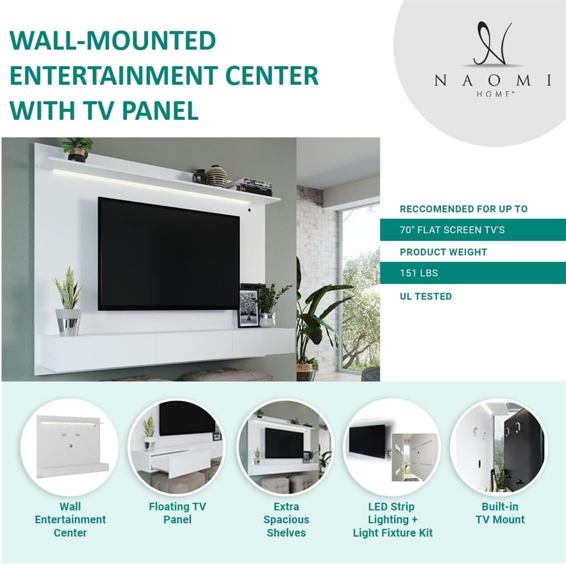 Modern Floating TV Stand for 75 Inch TVs with LED Strip, Pull-Out ...