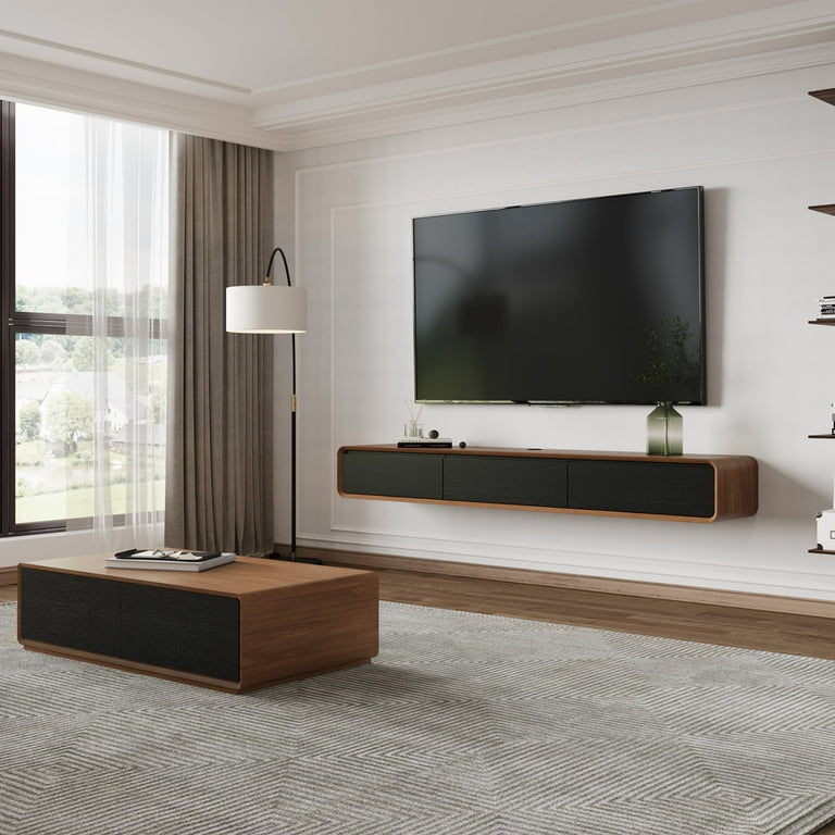 Povison Modern Floating TV Stand with Coffee Table Wood Living Room Set Black 62.99 inch Media Console 51.18 inch Dark Coffee Table Brown