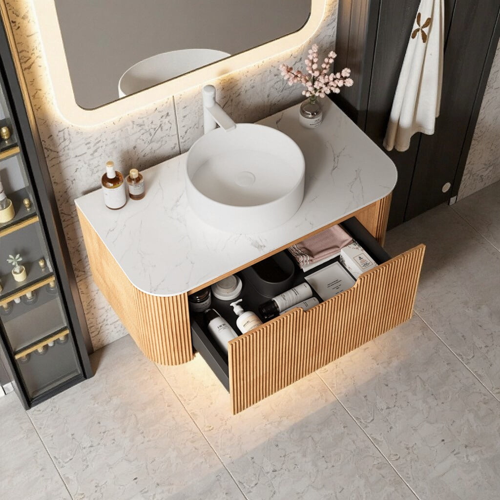 Modern Floating Vanity with Curved Edges & Striped Woodgrain - Pre ...