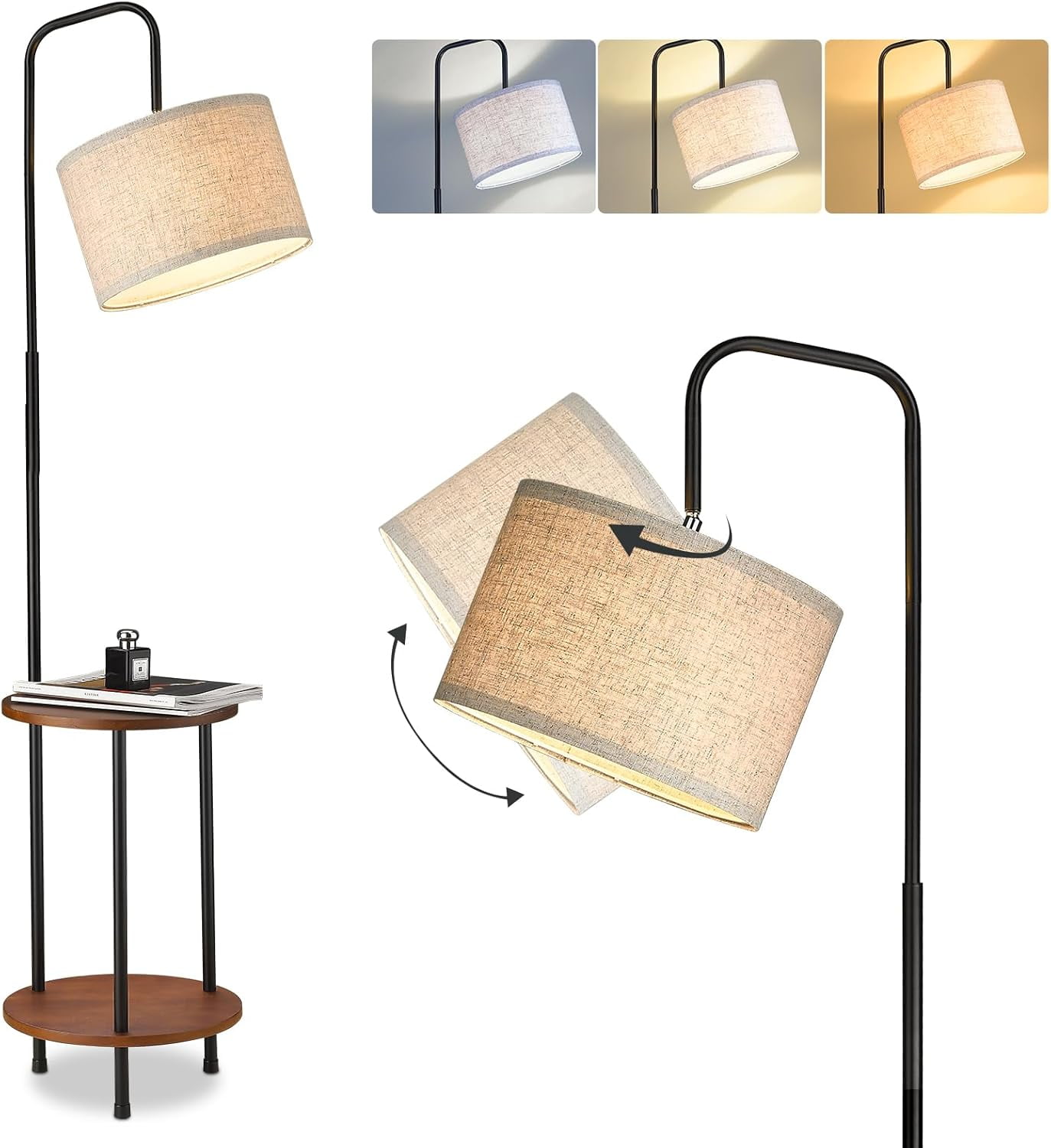 Modern Floor Lamp with End Table, 3-Color Temperatures Solid Wood Side ...