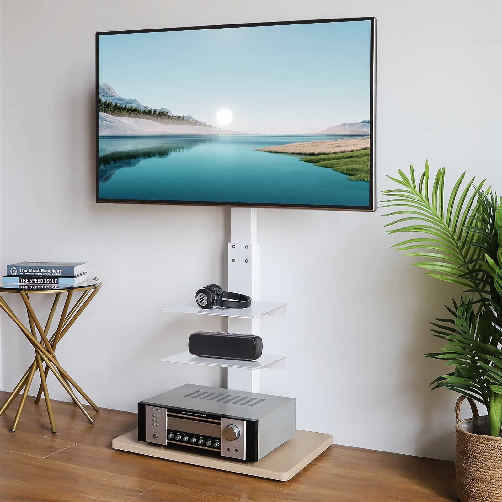 White Modern Swivel TV Floor Stand for 40 to 75 inch TVs with 3 Shelves ...
