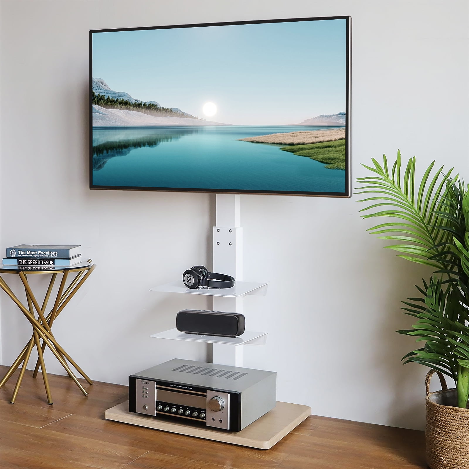 White Modern Swivel TV Floor Stand for 40 to 75 inch TVs with 3 Shelves Heavy Duty Steel Mount Stand Walmart