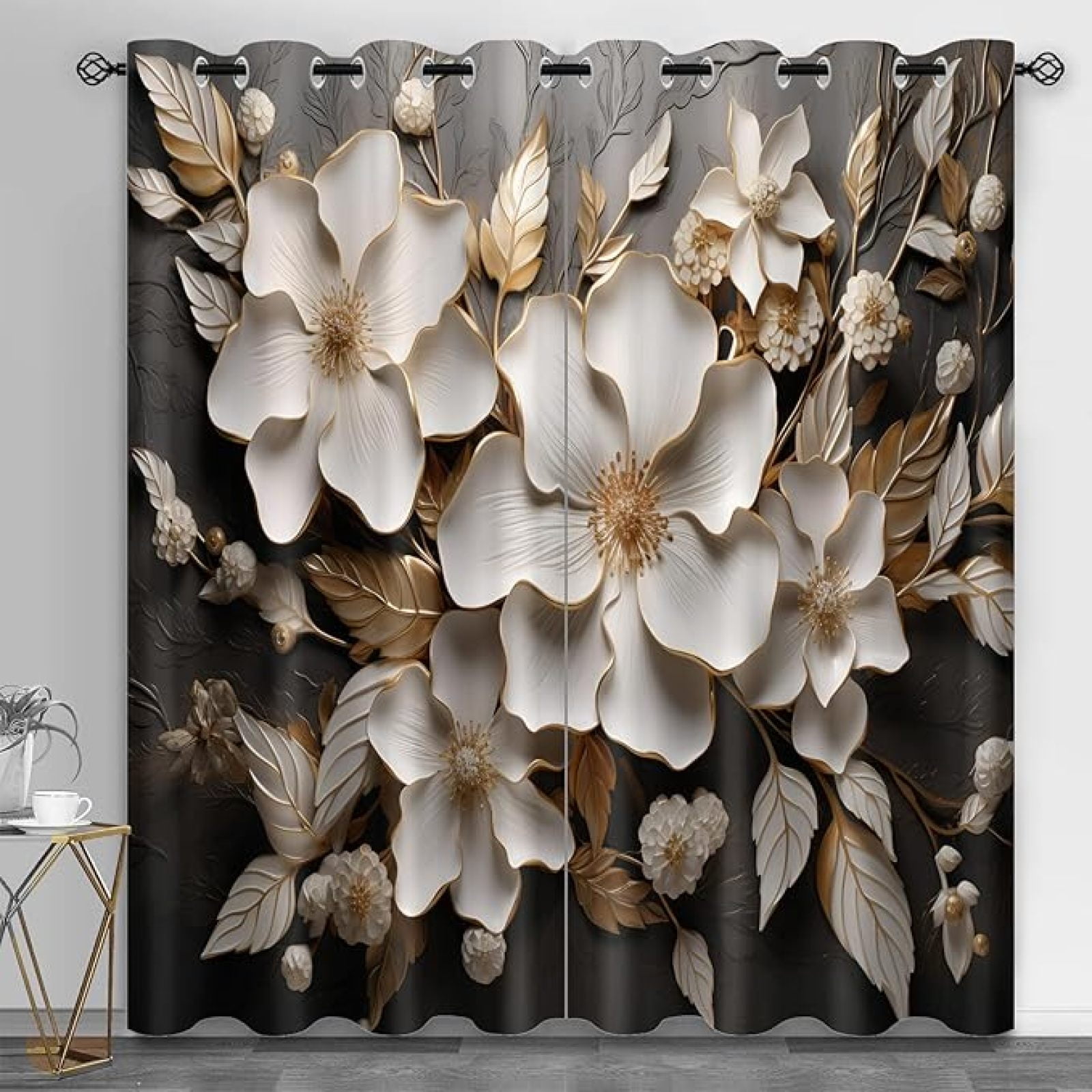 Modern Floral 3D Printed Curtains, White Gold Flower Window Treatments ...