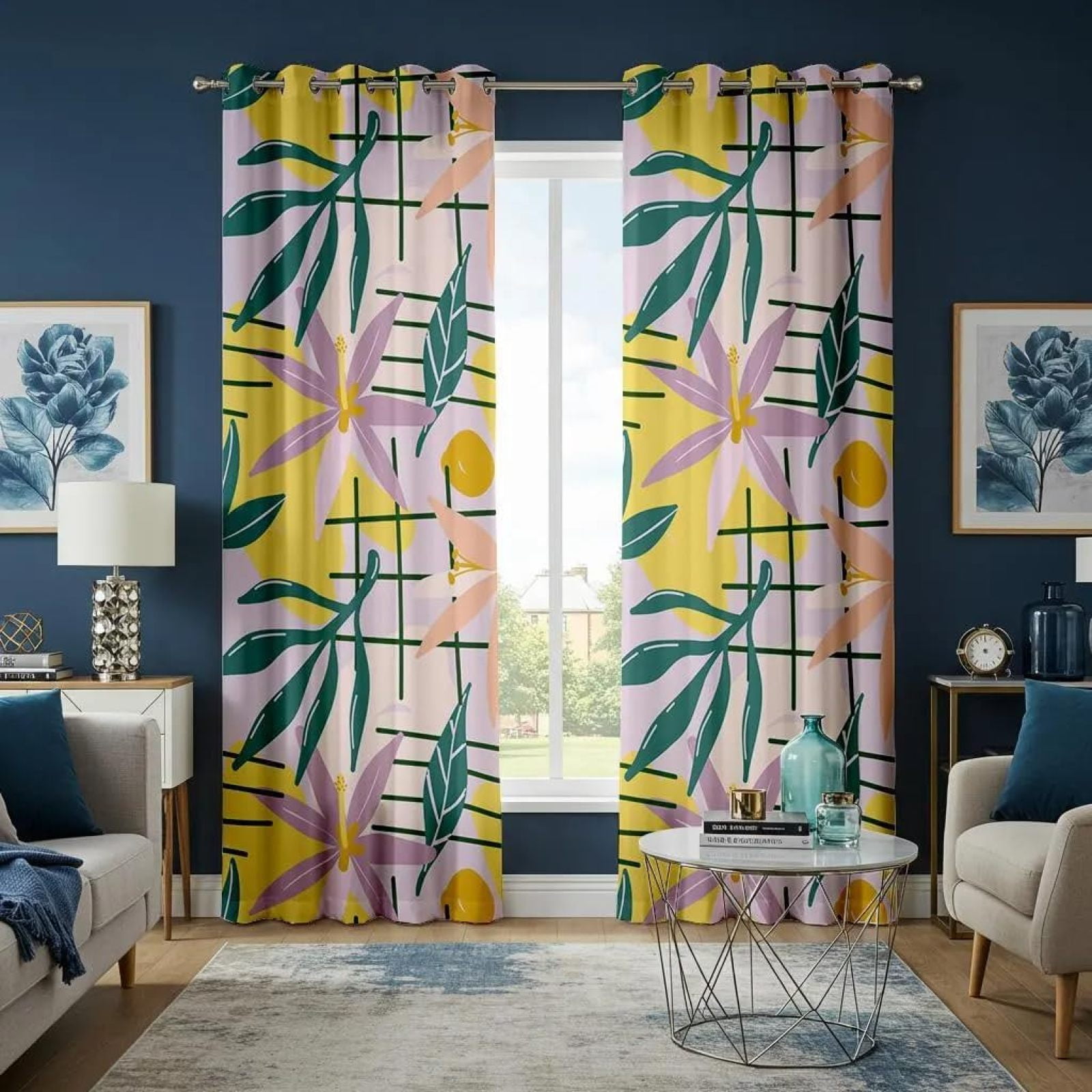 Modern Floral Abstract Curtains, Pink Yellow Botanical Drapes Colorful ...