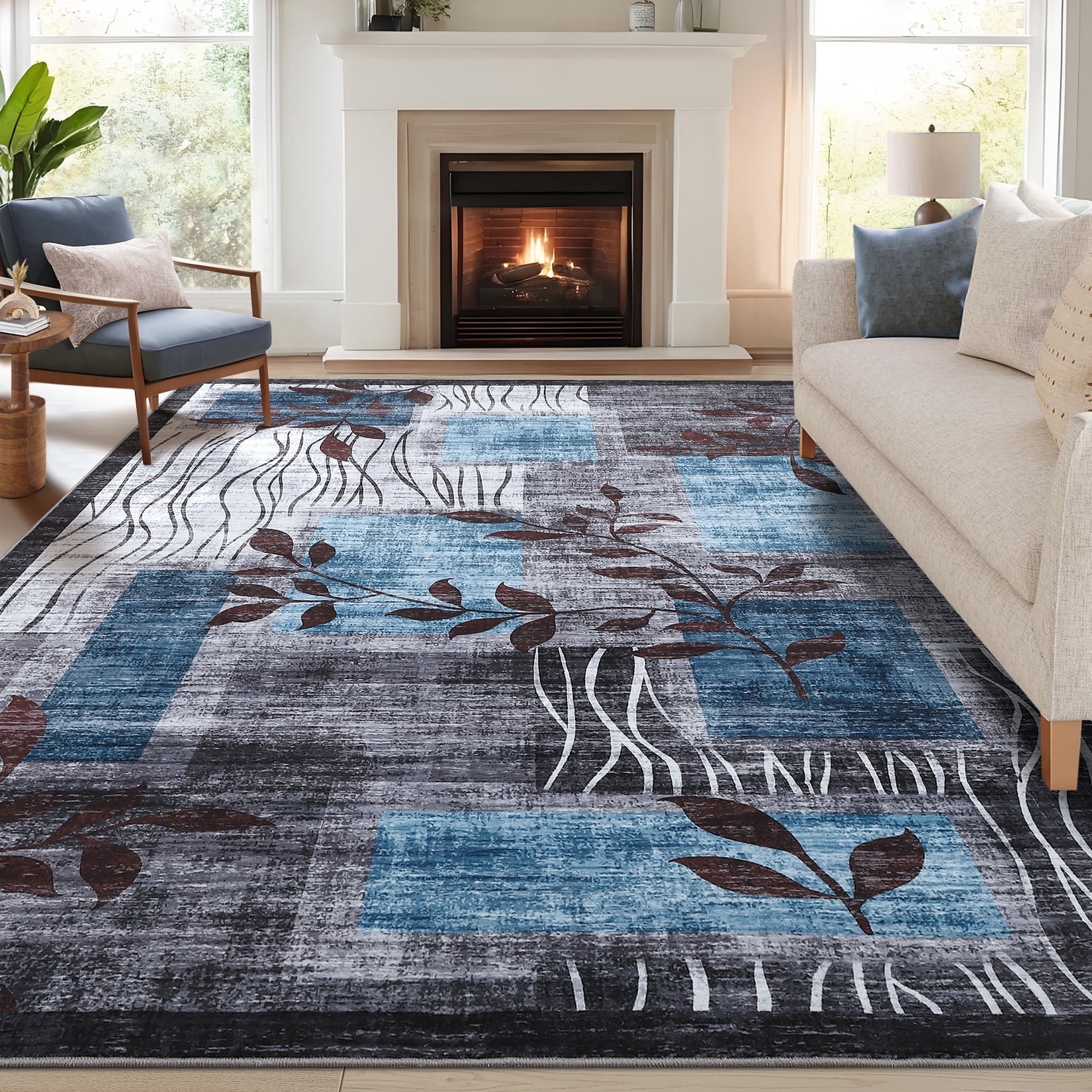 Modern Floral Area Rug, Washable Non-Slip Neutral Rug, Retro Style ...