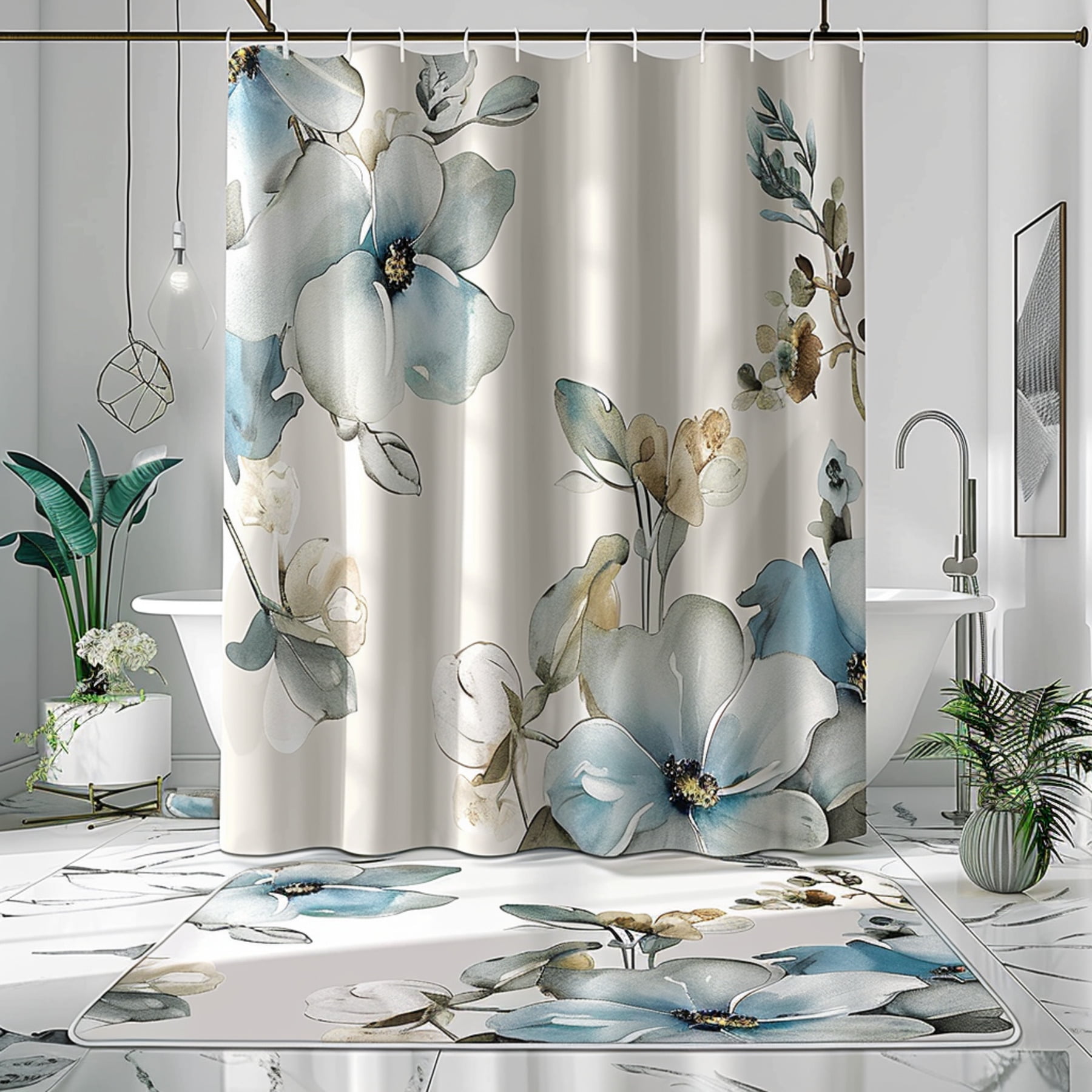 Modern Floral Bathroom Set Light Blue And Beige Shower Curtain Matching Grey Large Plants Hyper