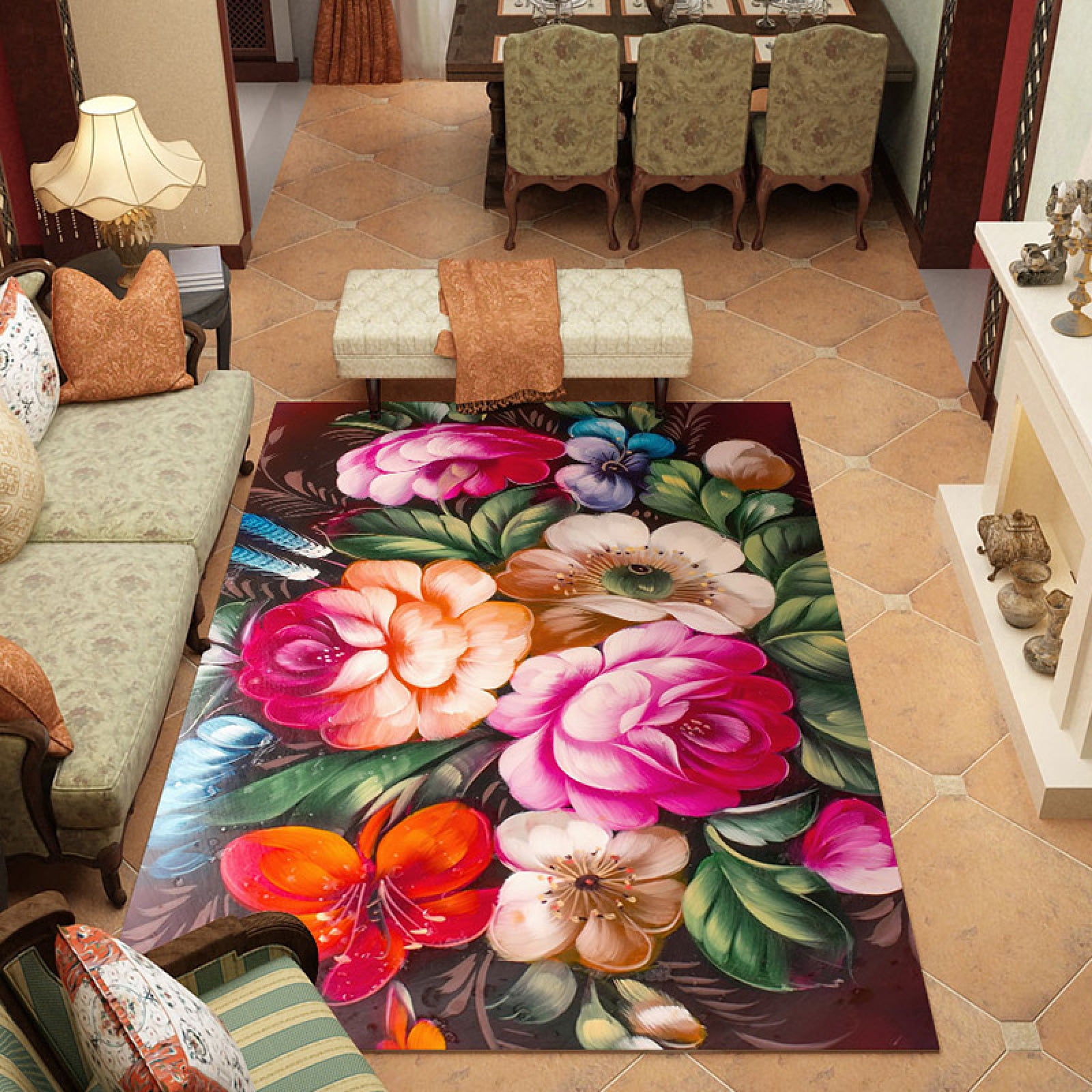 Modern Floral Printed Area Rug Bohemian 3D Flowers Throw Rugs Living ...
