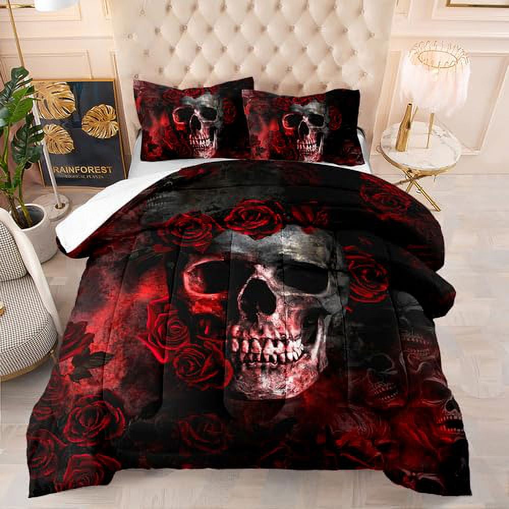 Modern Floral Skull Comforter Set for Kids Teens Size Gothic Red Roses ...