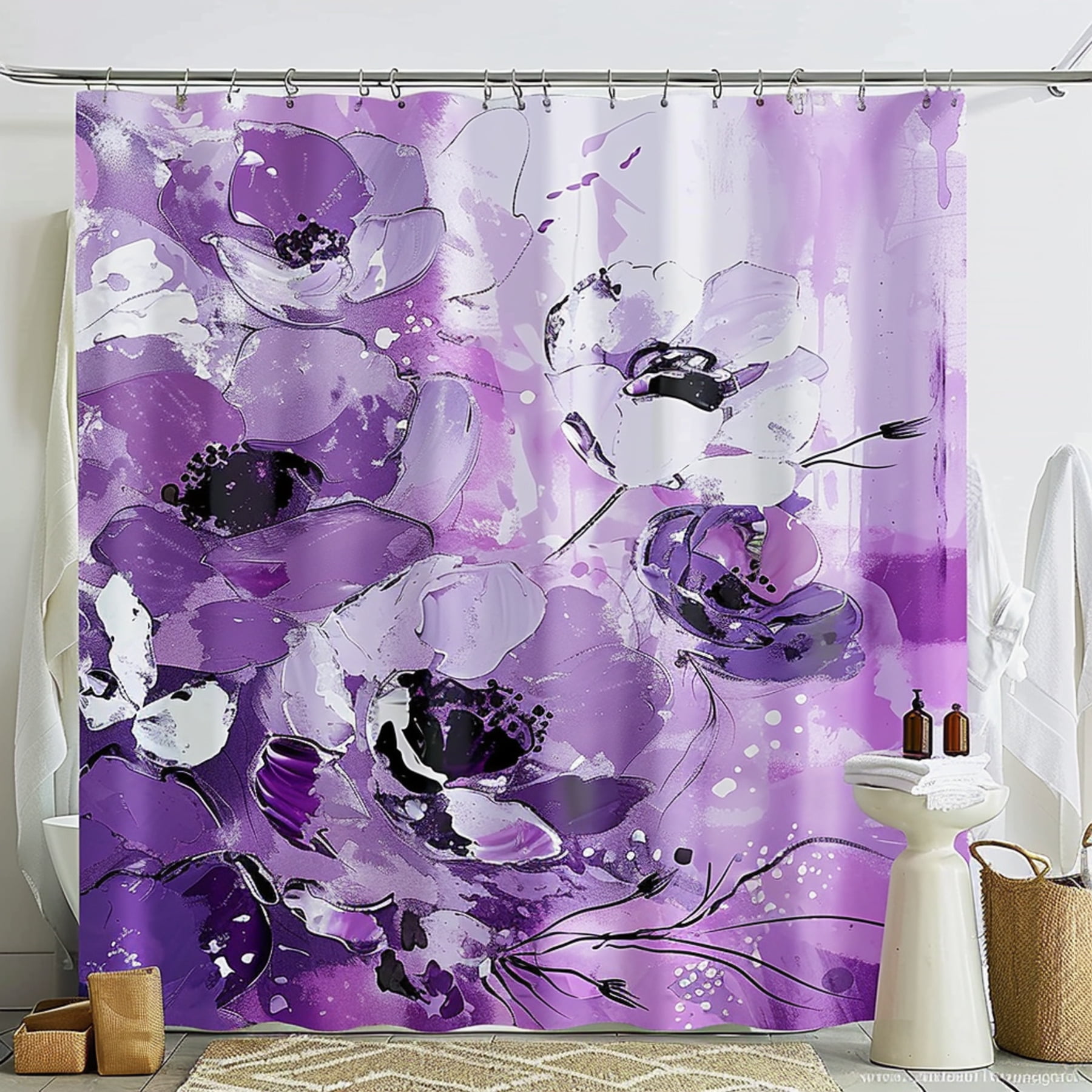 Modern Floral Surrealism Shower Curtain Abstract Purple Flower Design