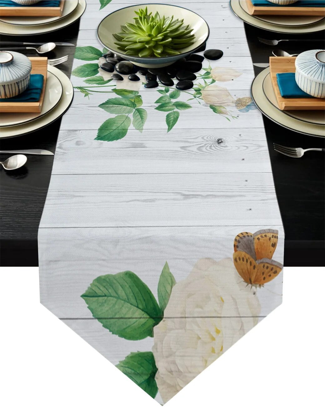 Modern Floral Tablecloth Red Leaves On Wooden Board Table Runner For ...