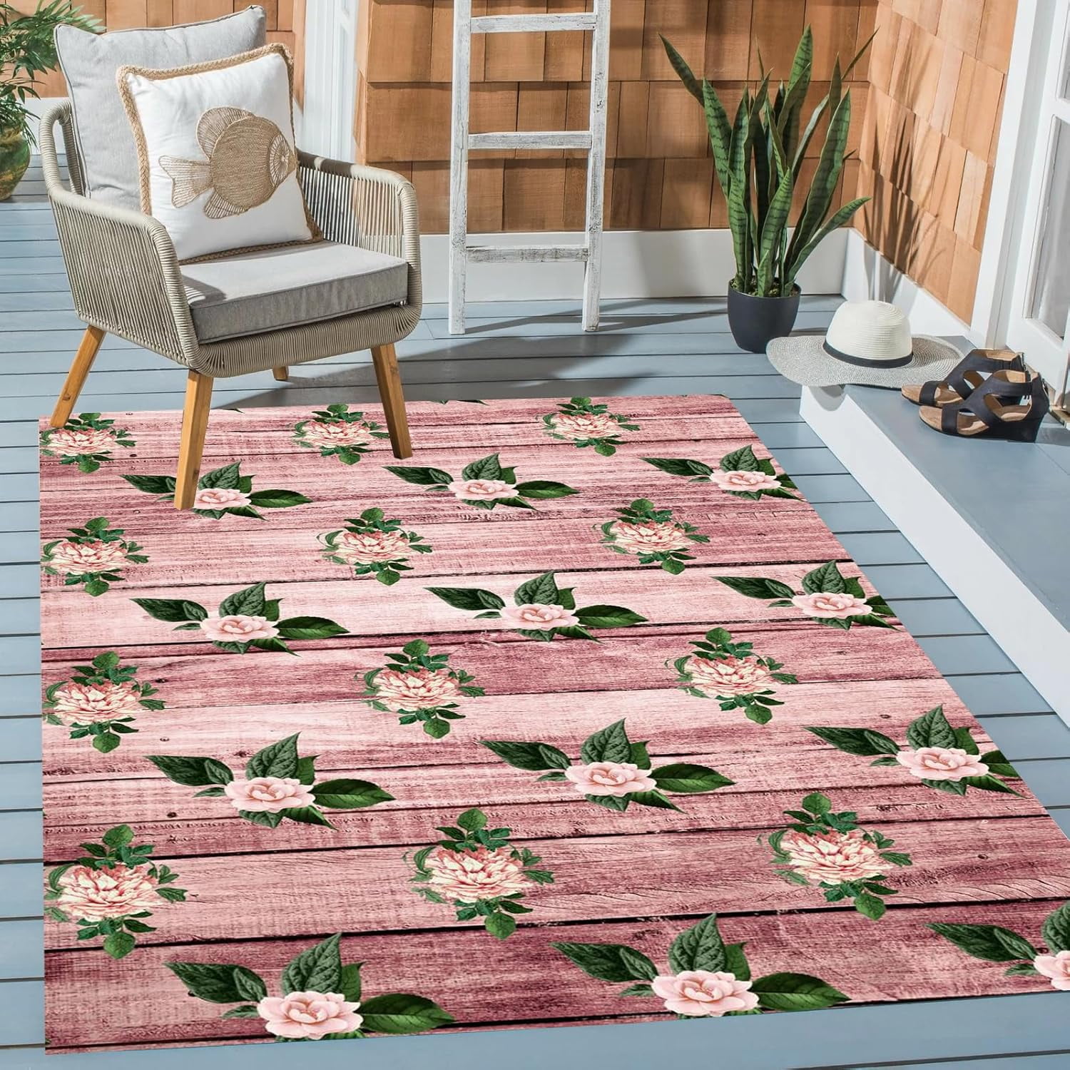 Modern Floral Washable Indoor Outdoor Area Rug for Patio Balcony Deck ...
