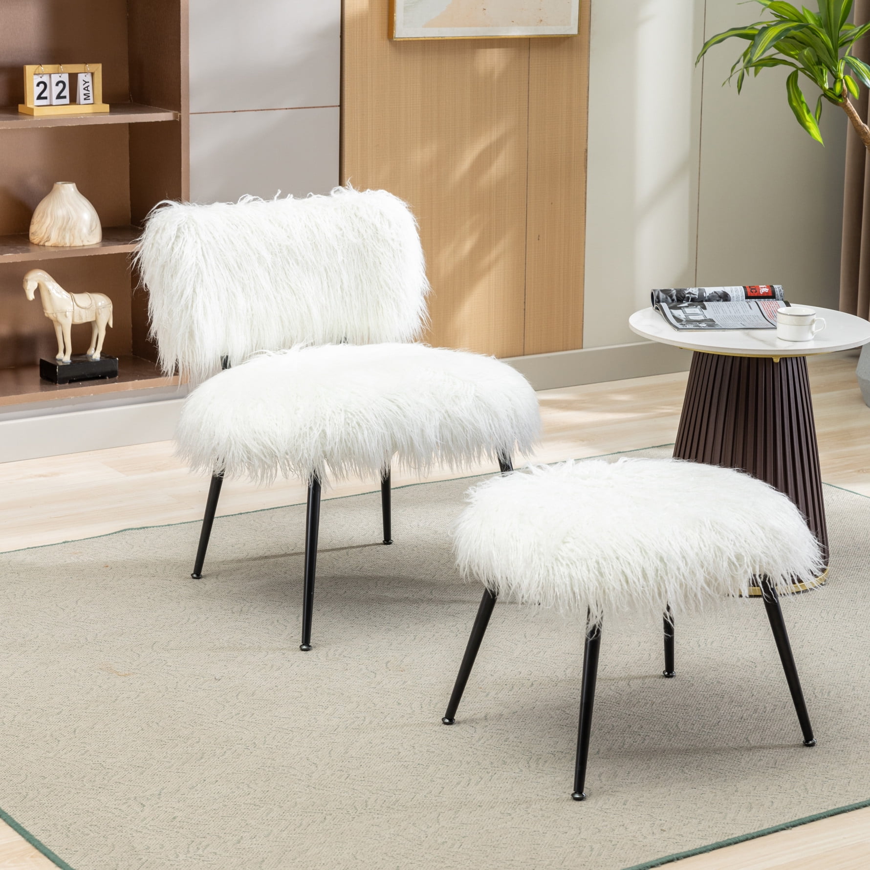 Modern Fluffy Chair, Wide Accent Chair With Ottoman, Comfy Fuzzy Chair ...