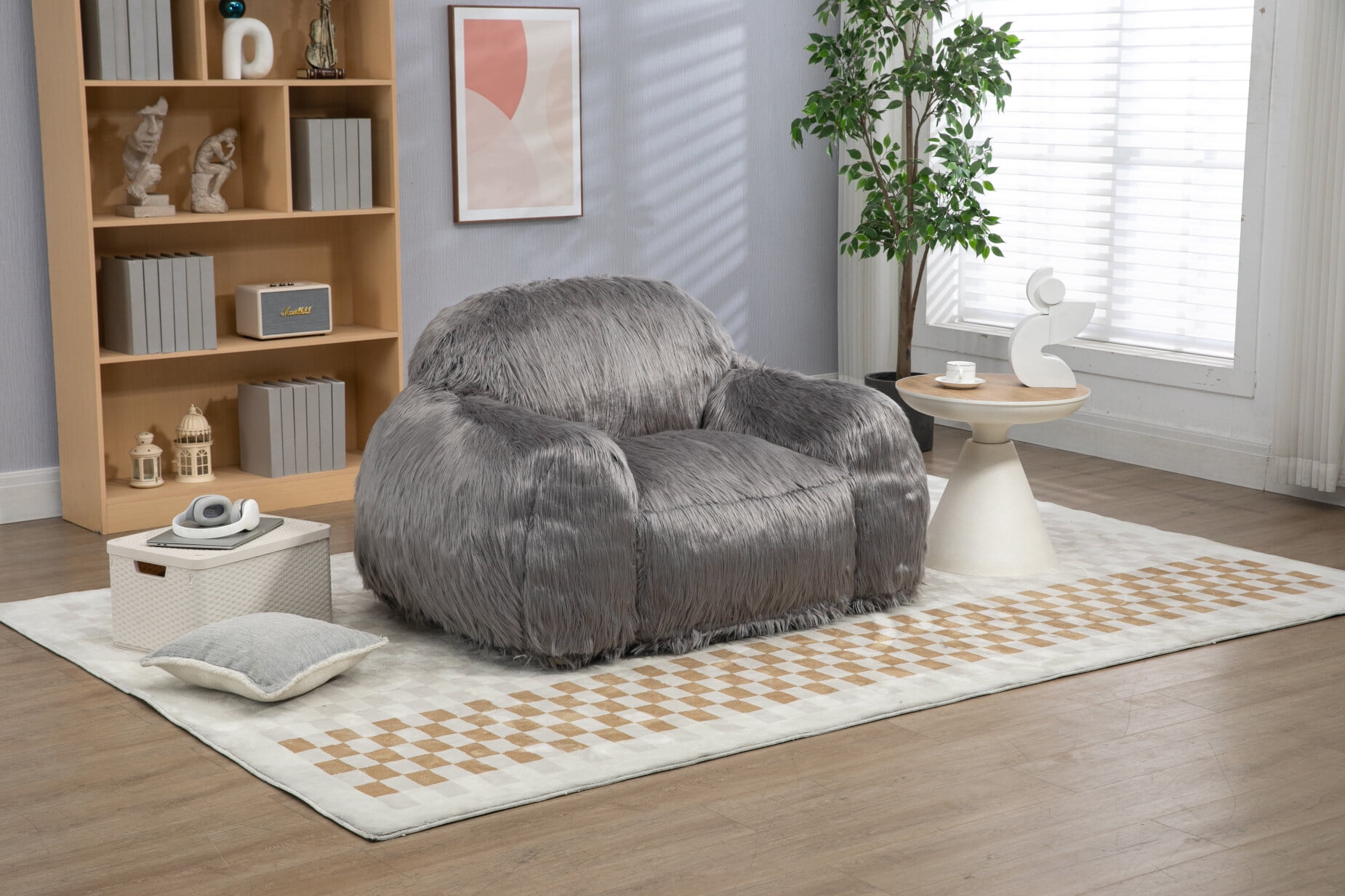 Modern Fluffy Edamame Bean Bag, Lazy Long Hair Sofa Bean Bag Chair ...