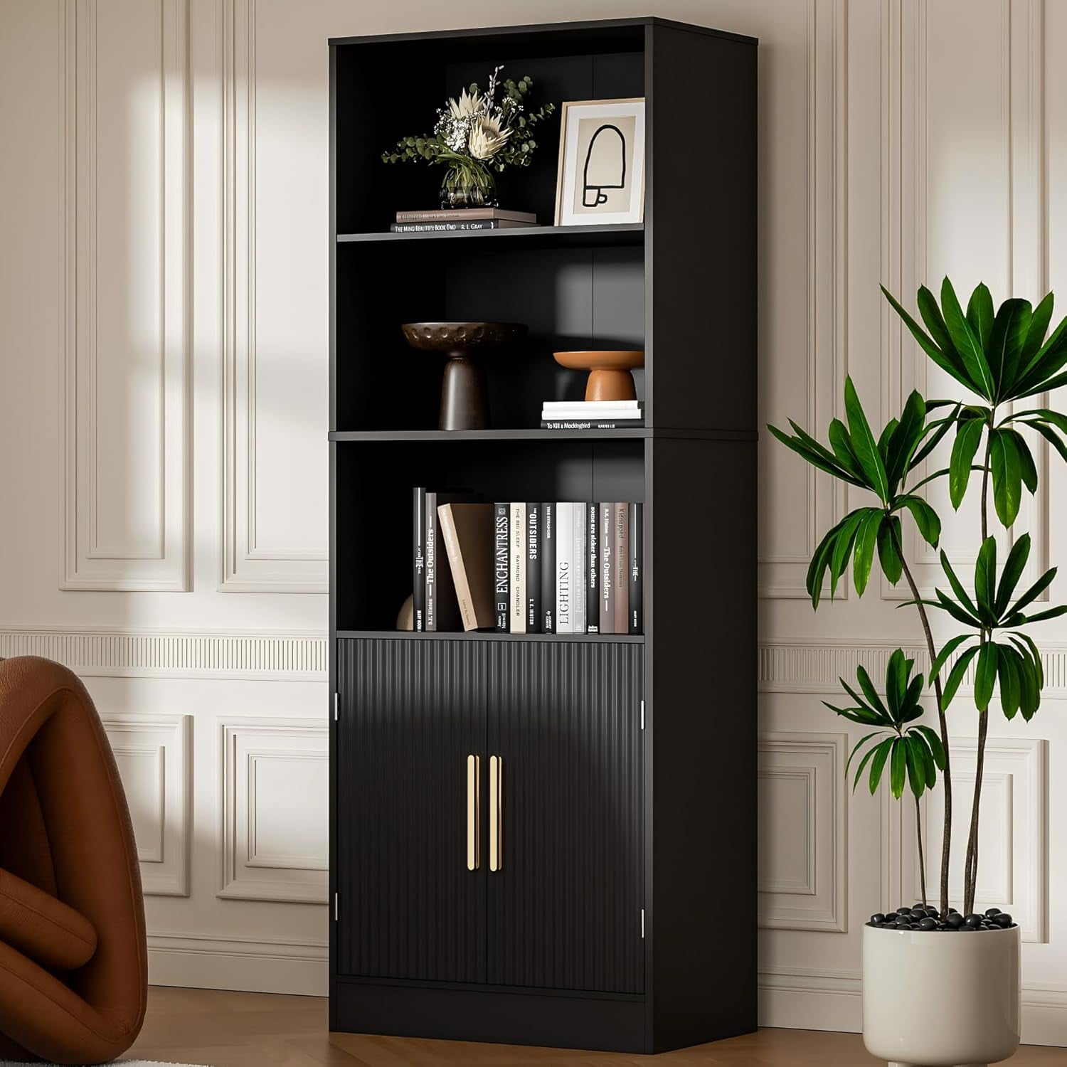 Modern Fluted Bookshelf with Doors, 63" Tall Bookshelf with Storage, 3 Tier Bookcase with ...
