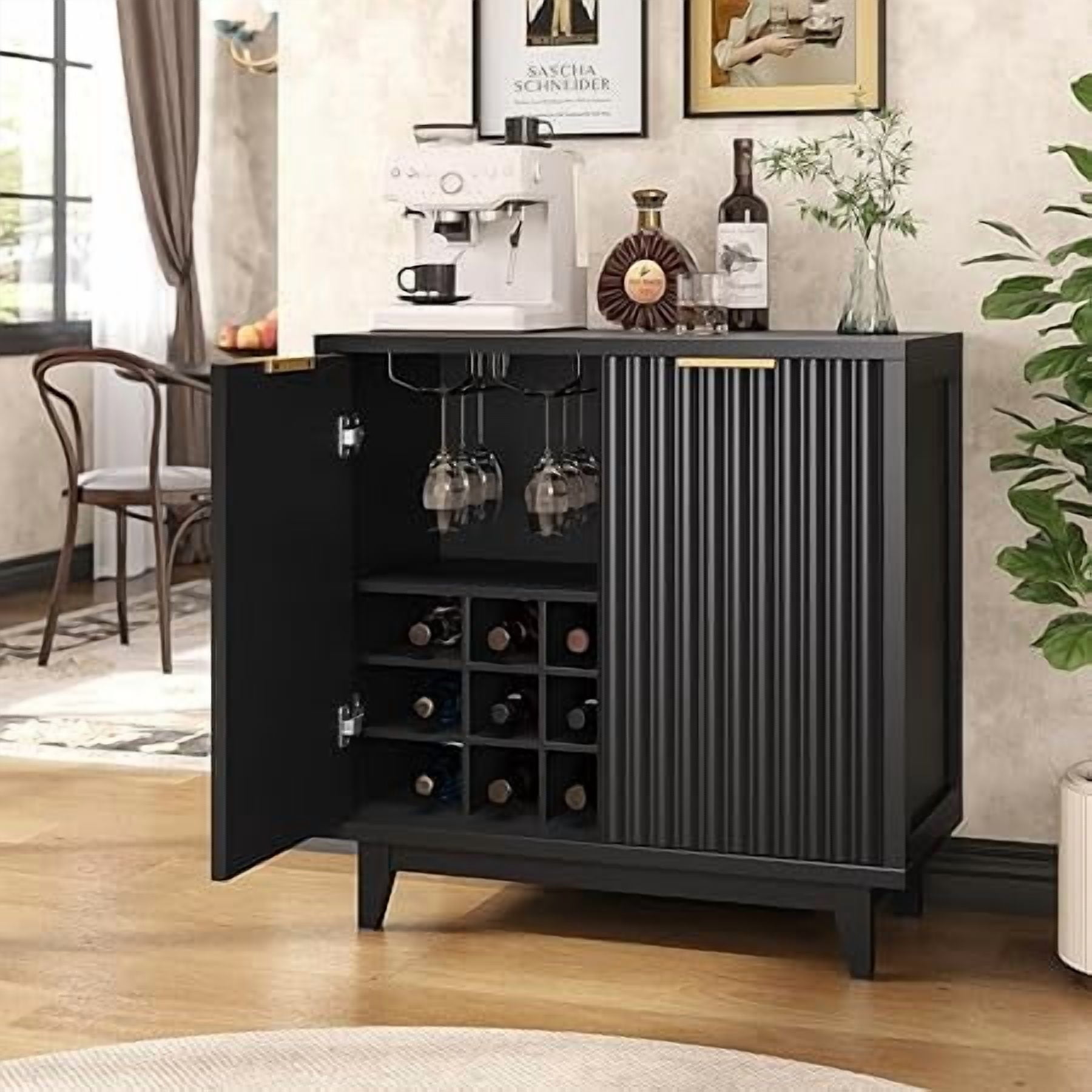 Modern Fluted Coffee Bar Cabinet with Removable Wine Rack and Adjustable Shelf, Solid Wood Legs ...