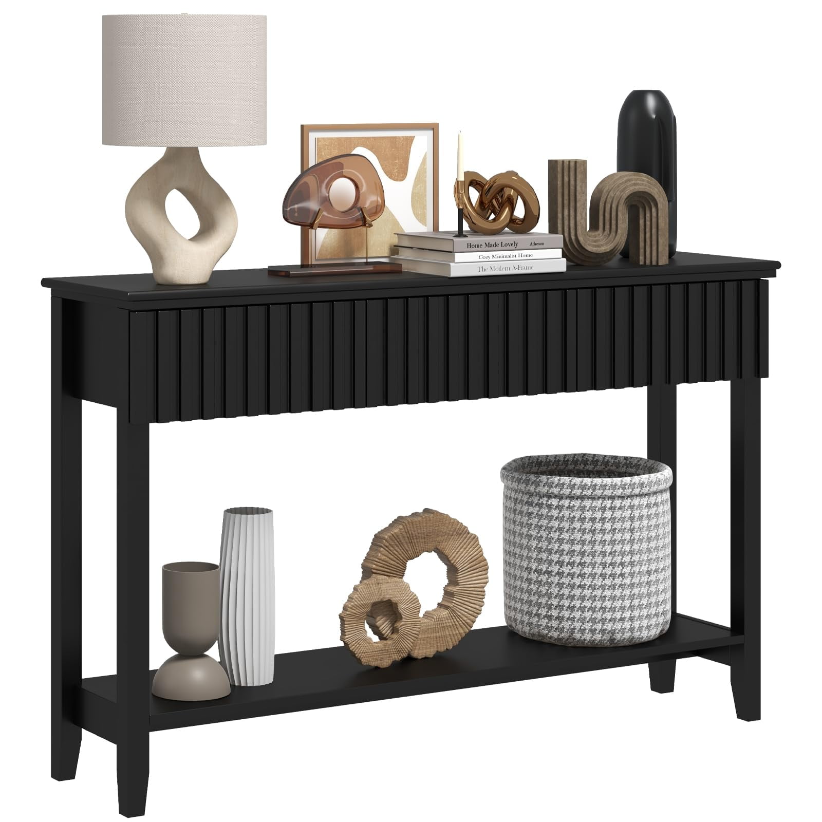 Modern Fluted Console Table with 3 Drawers and Open Shelf, Narrow Long ...