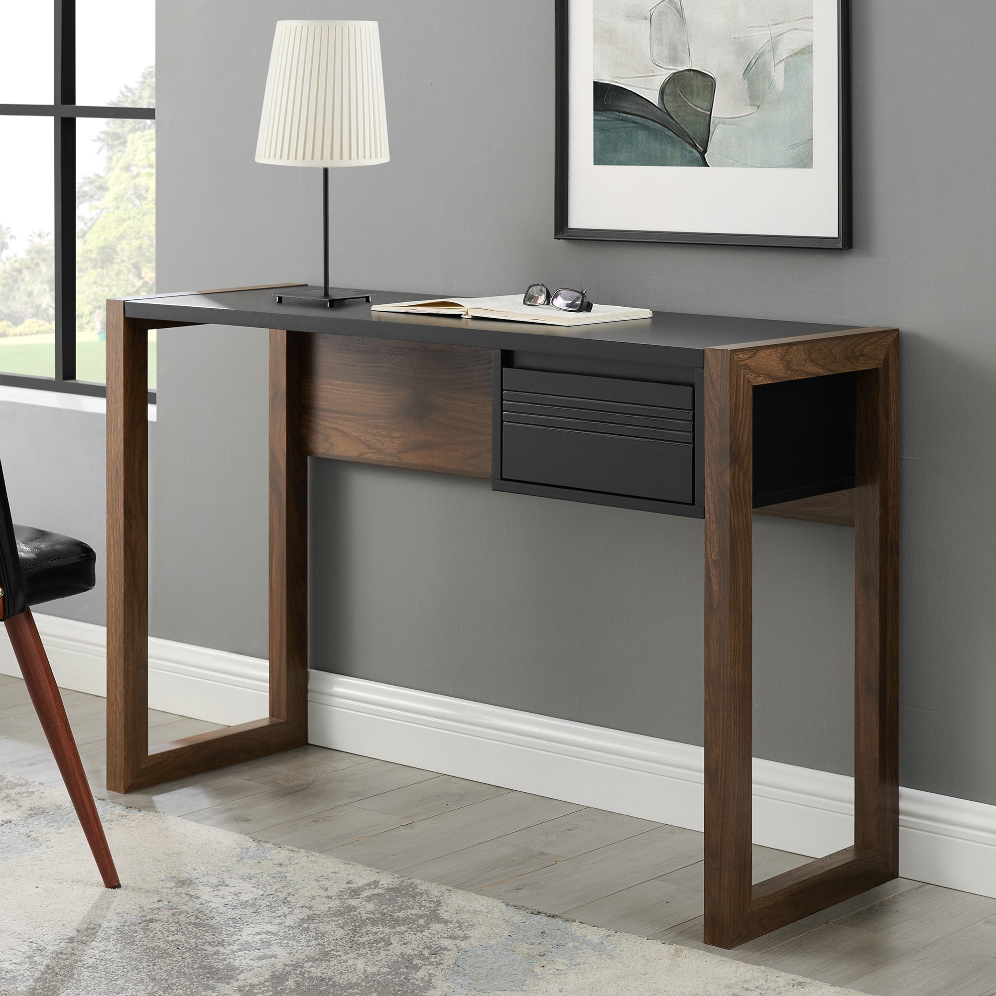 Modern Fluted Drawer Dark Walnut Writing Desk by Walker Edison ...