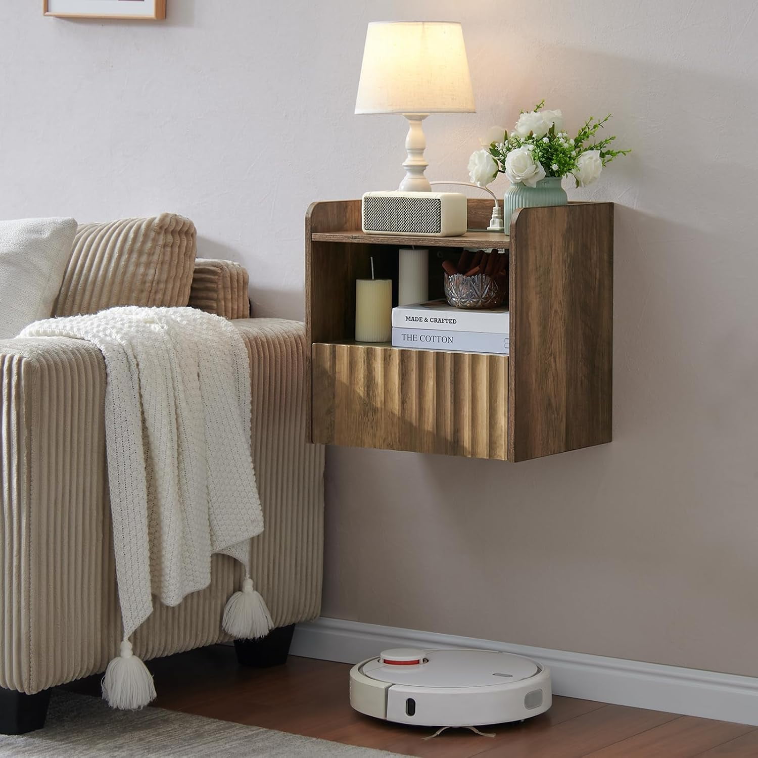 Modern Fluted Floating Nightstand Wall Mounted - Bedside Table with ...