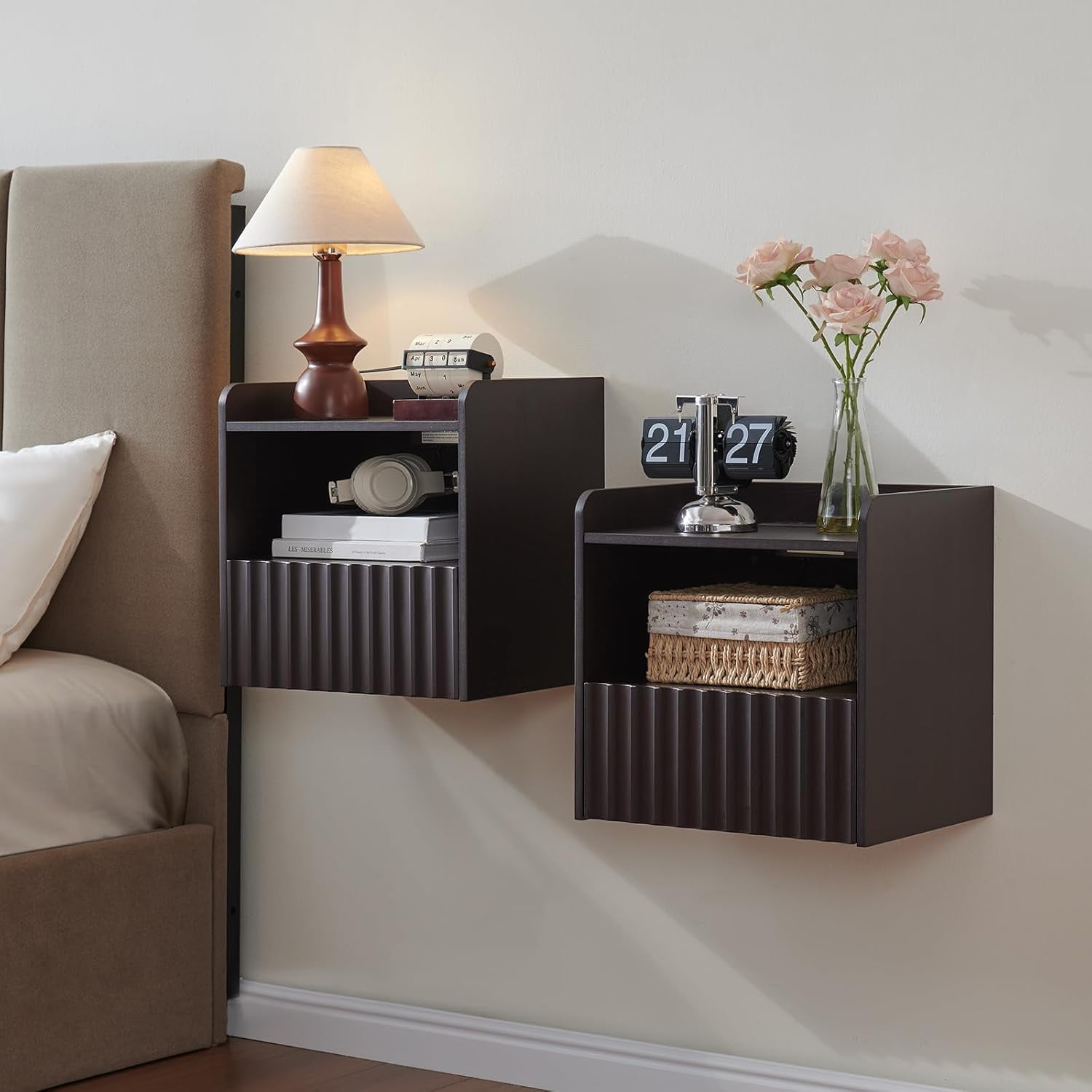 Modern Fluted Floating Nightstand Wall Mounted Set of 2- Bedside Table ...