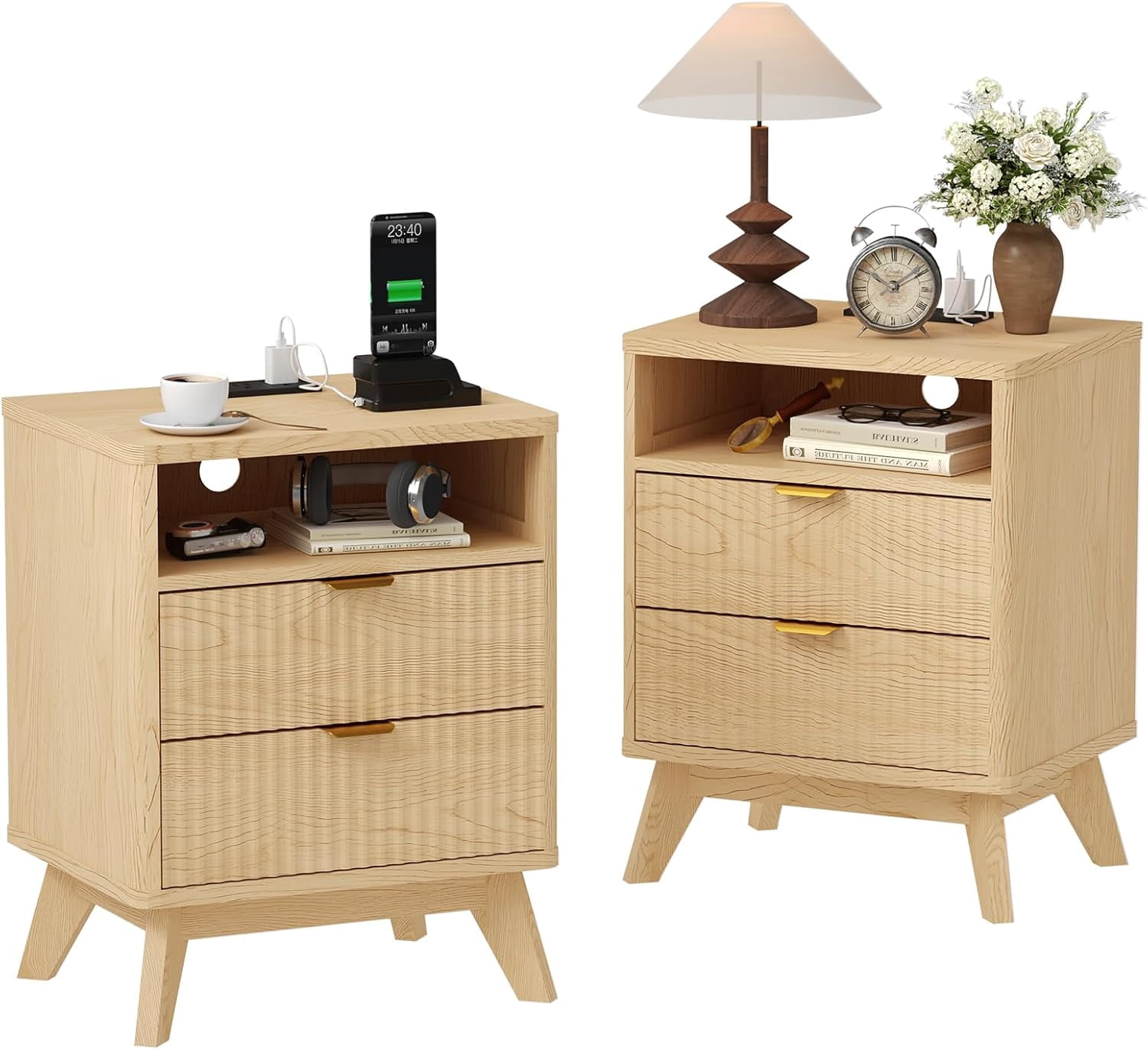 Modern Fluted Night Stand, Wood Nightstand with USB Ports and Outlets ...