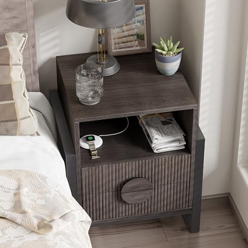 Modern Fluted Nightstand with Charging Station, Farmhouse 2-Drawer ...