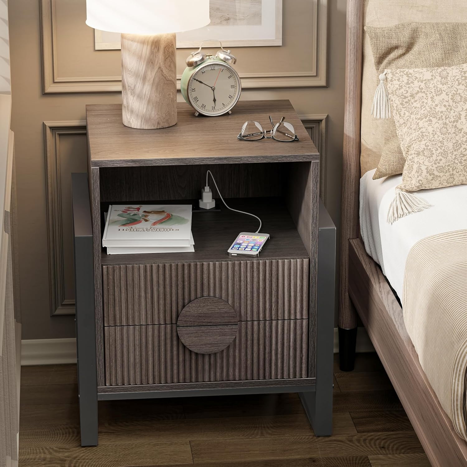 Modern Fluted Nightstand with Charging Station, Farmhouse 2-Drawer ...