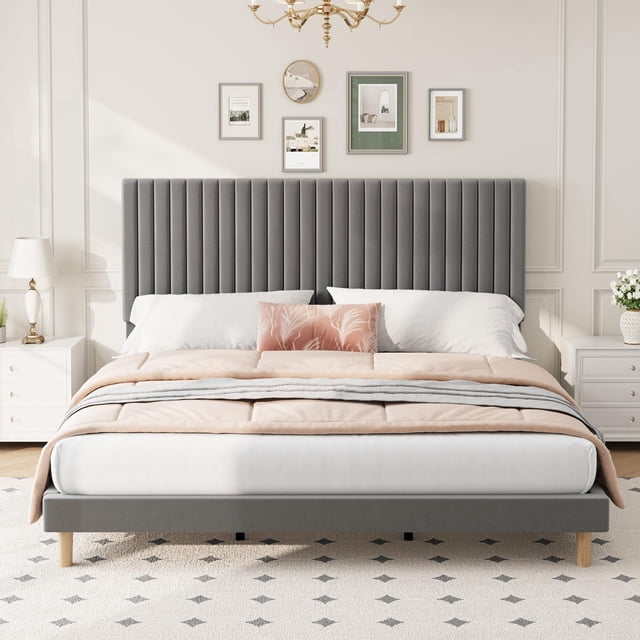 Modern Fluted Platform Bed, Velvet Upholstered Platform Bed Frame, with ...