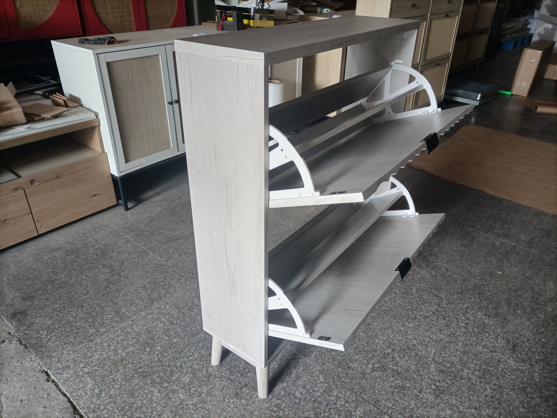 Modern Fluted Shoe Cabinet with 2 Flip-Up Drawers & Wave Doors - Space ...