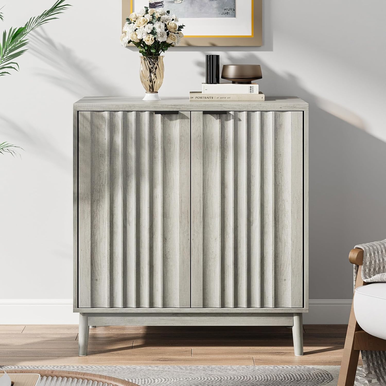 Modern Fluted Sideboard Buffet Cabinet with 2 Wave Carved Doors & Heavy-Duty Design, Coffee Bar ...