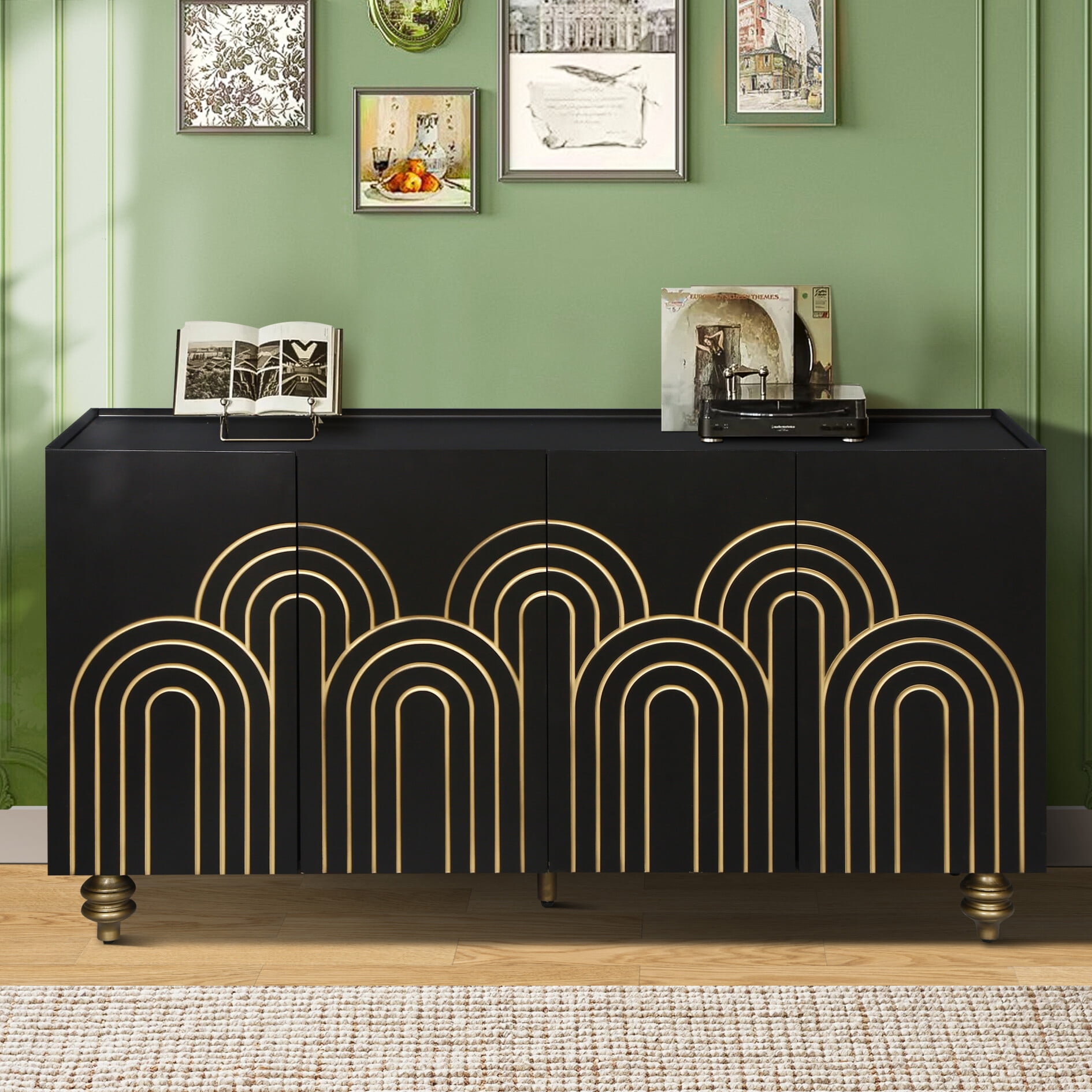 Modern Fluted Sideboard Buffet with Curved Accents and Gold-Toned Trim ...