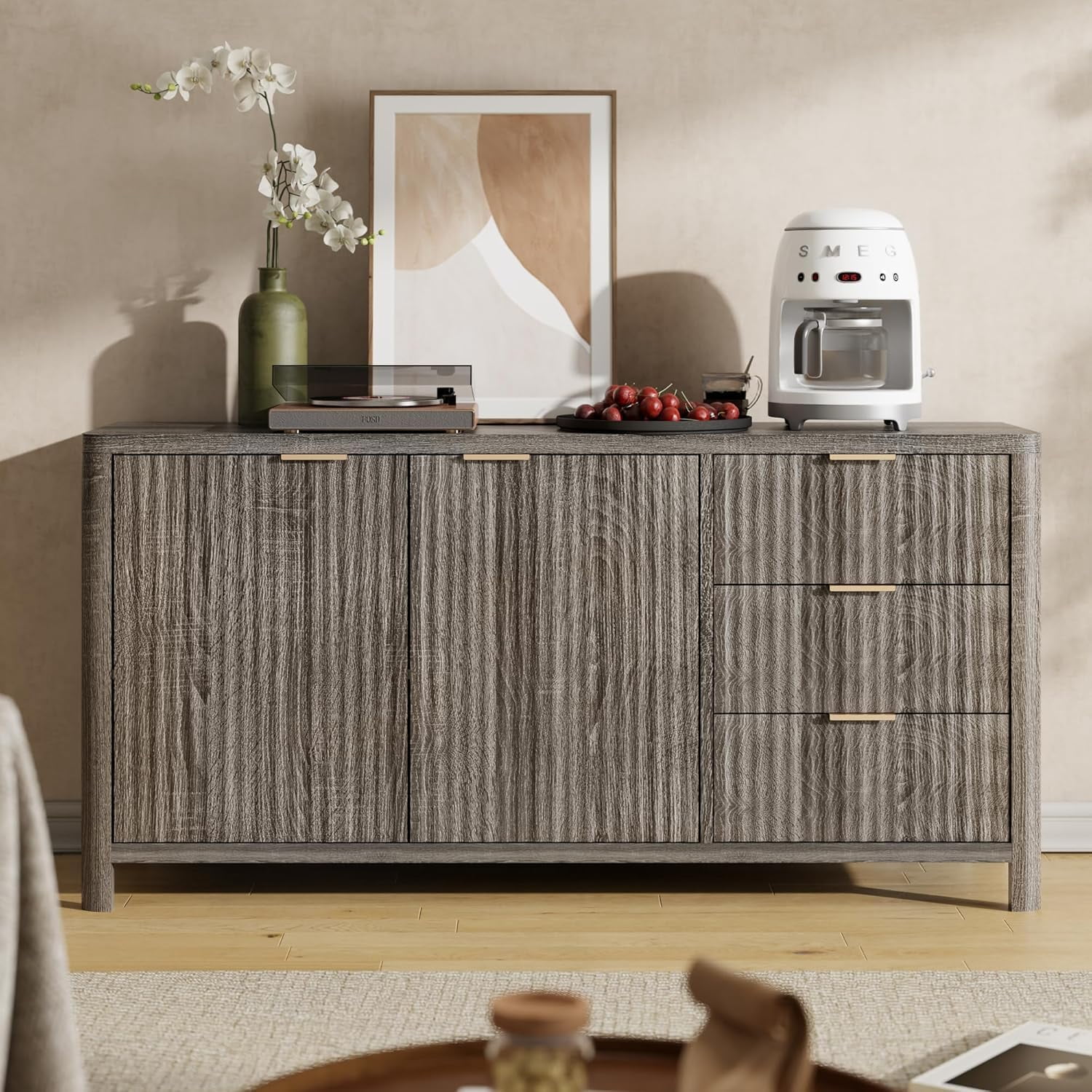 Modern Fluted Sideboard Cabinet with Adjustable Shelves, 46.6" Large ...