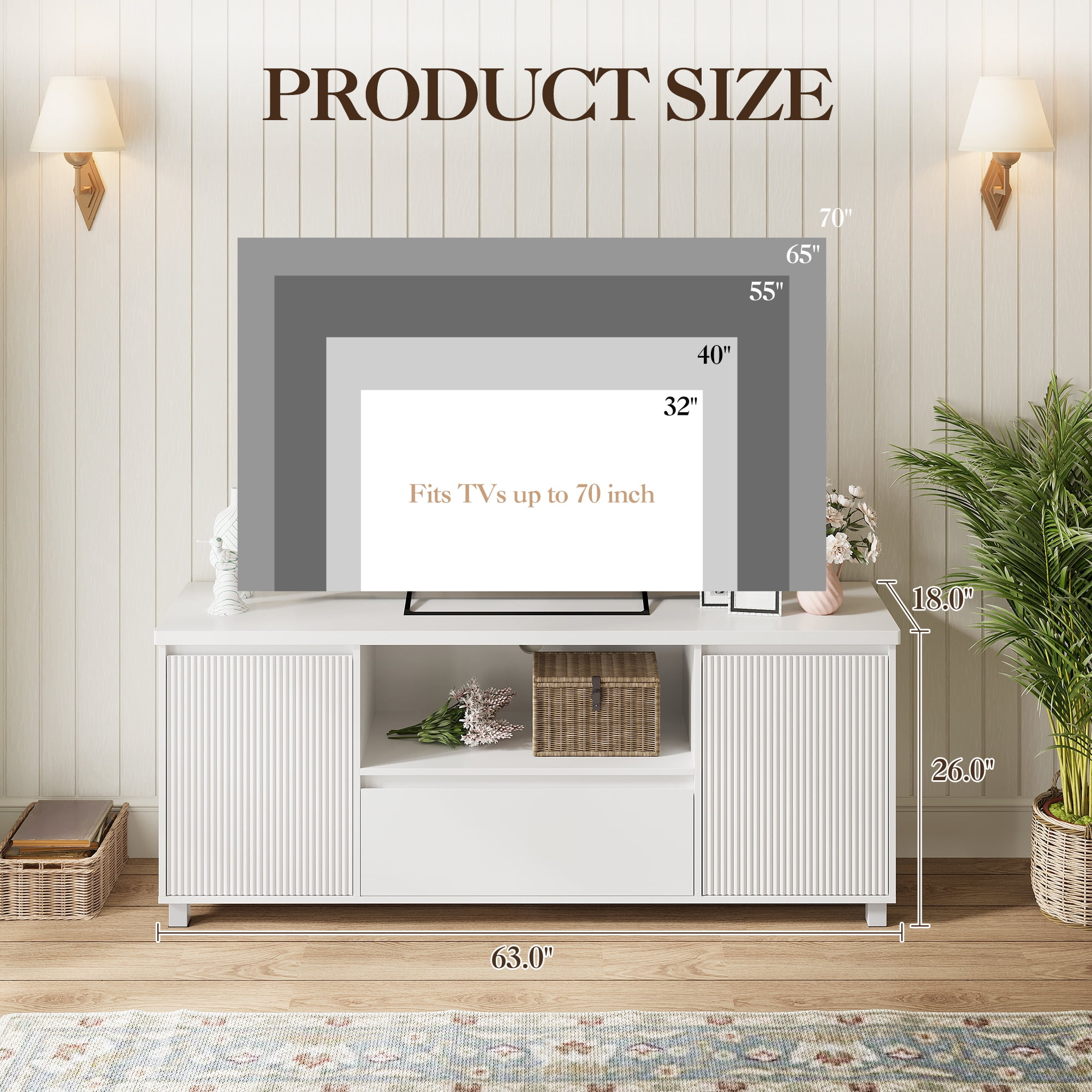 Modern Fluted TV Stand, Media Console for 60/65/70 TV, TV Entertainment ...