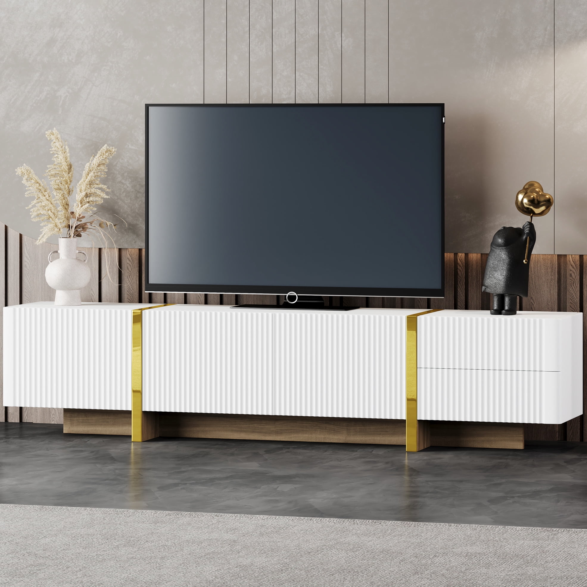 Modern Fluted Tv Stand, 80" Tvs, White With Golden Legs And Mainstream ...