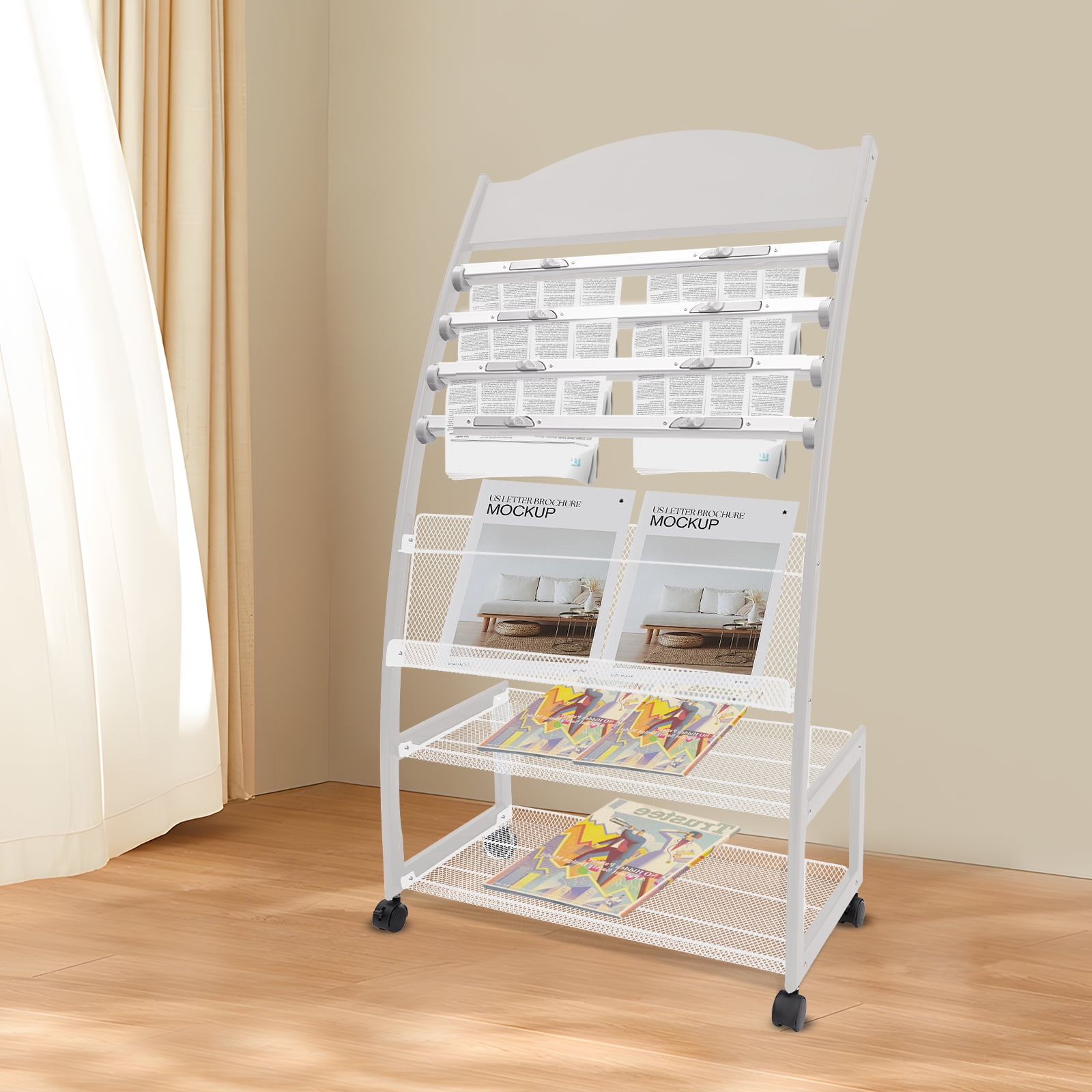 Modern Foldable Magazine Rack with 4 Wheels, Aluminum Clips for ...
