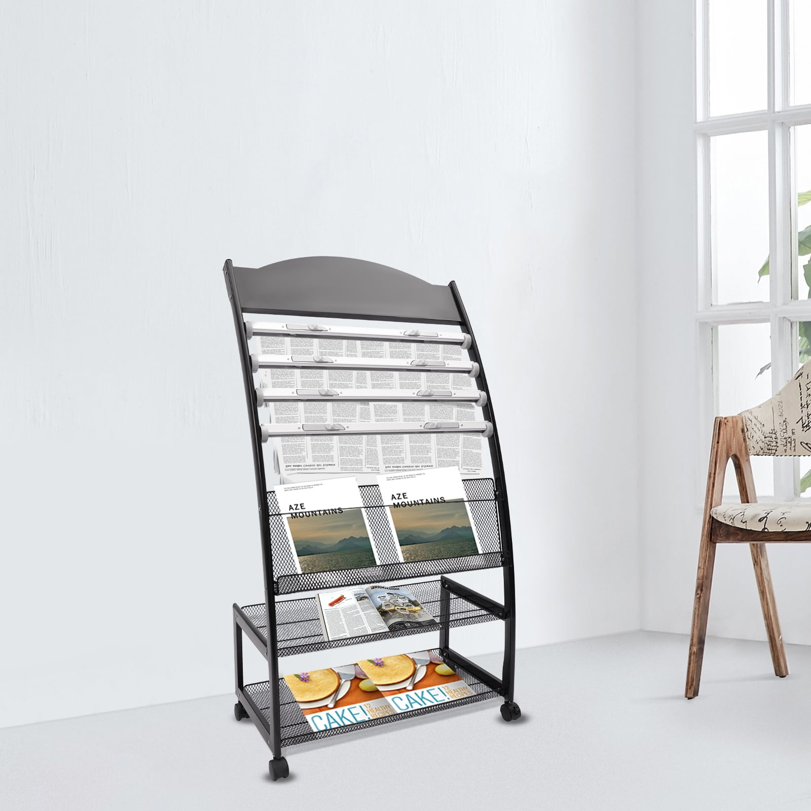 Modern Foldable Magazine Rack with 4 Wheels, Iron Frame and Aluminum ...