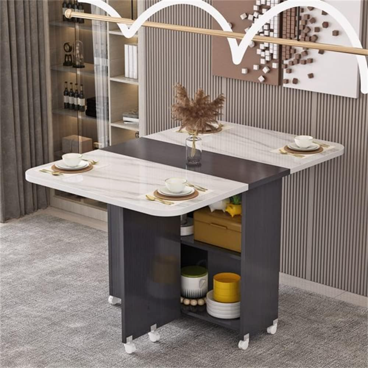 Modern Folding Kitchen Dining Table with Wheels and 2-Layer Storage ...