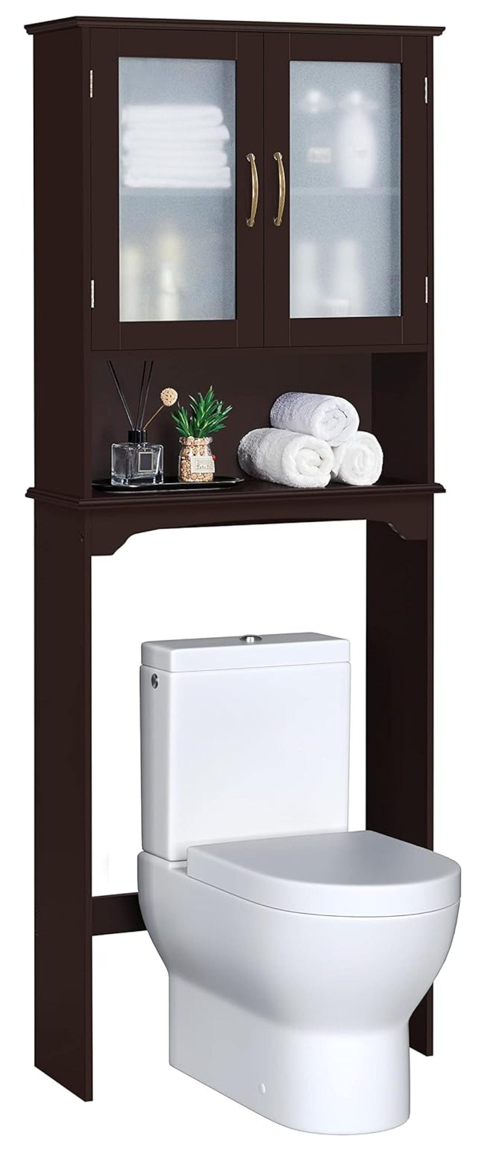 Modern Free-Standing Over-The-Toilet Storage with 2-Door Tempered Glass ...