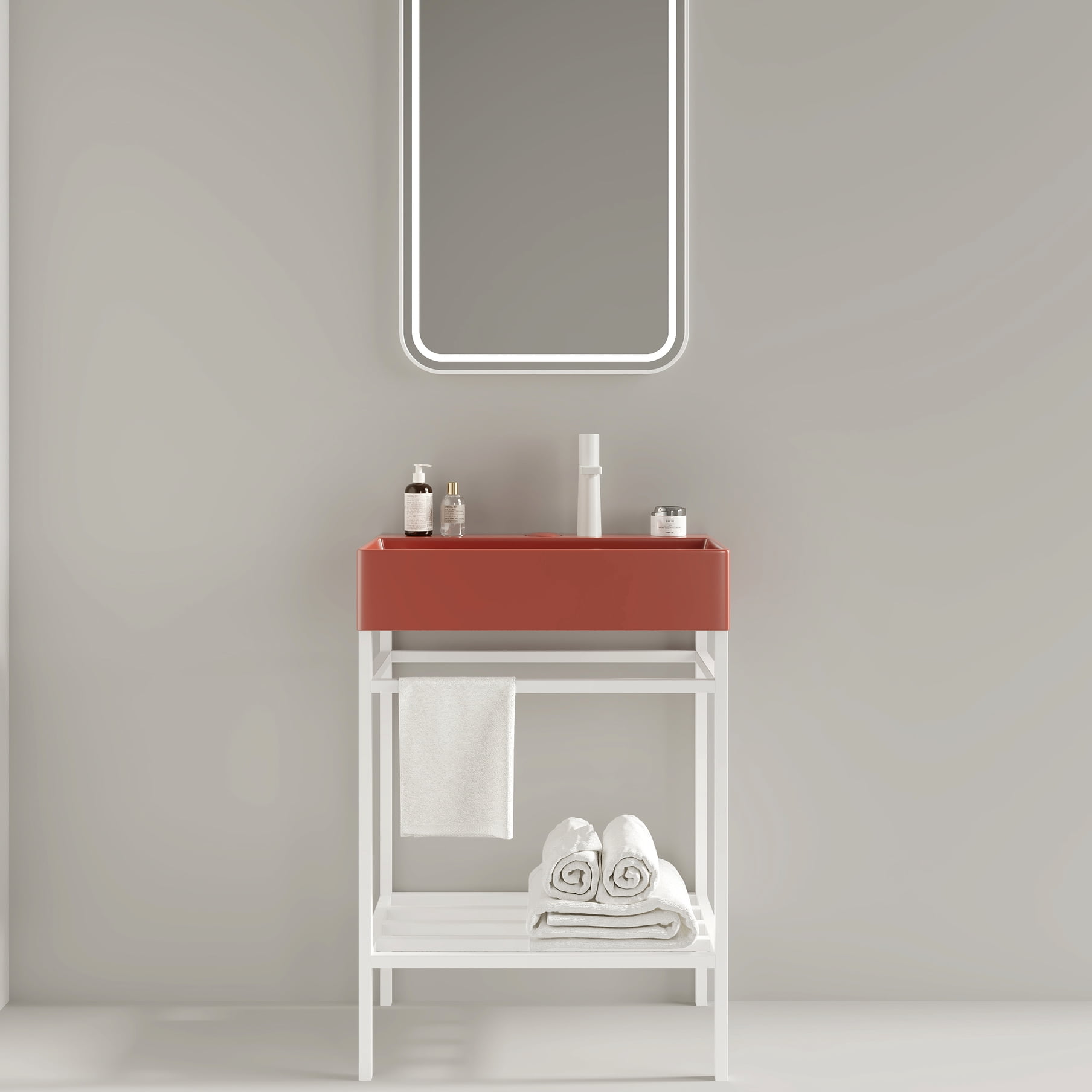 Modern Freestanding Bathroom Sink - 24" Red Ceramic Basin In Glossy ...