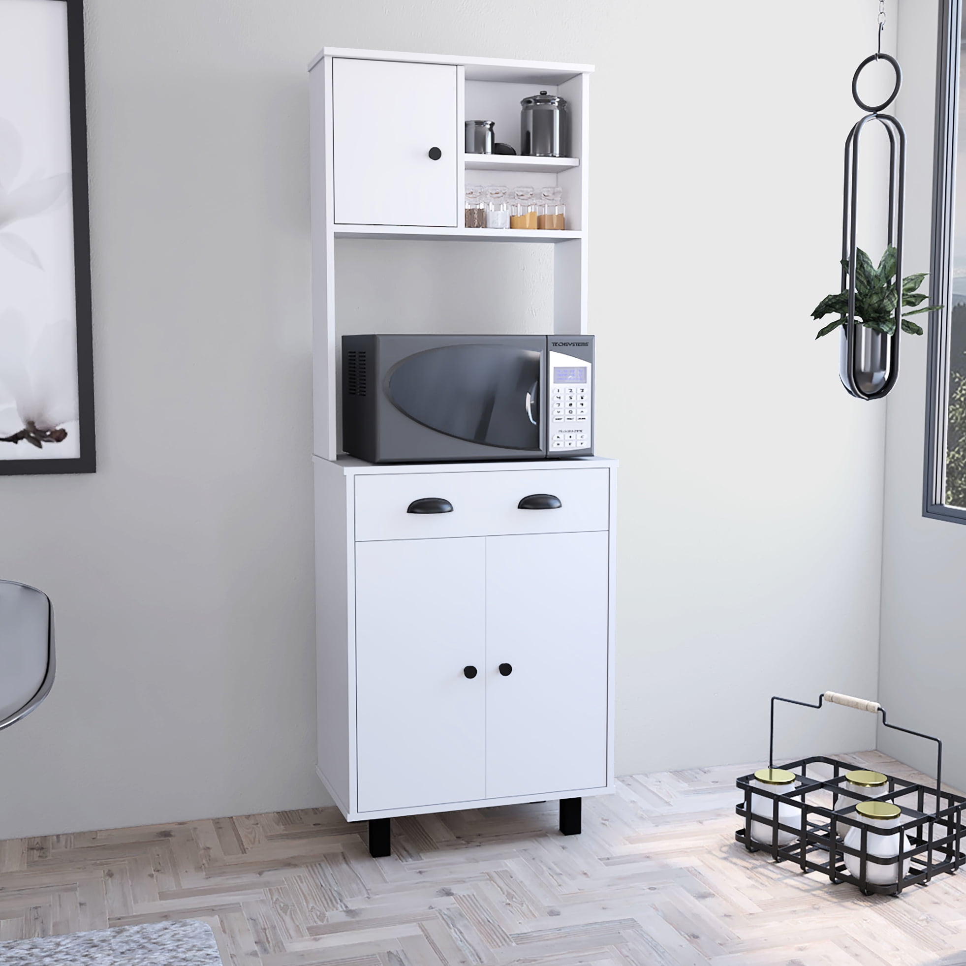 Modern Freestanding Kitchen Pantry - 2 Cabinets, Open Shelves, Drawer ...