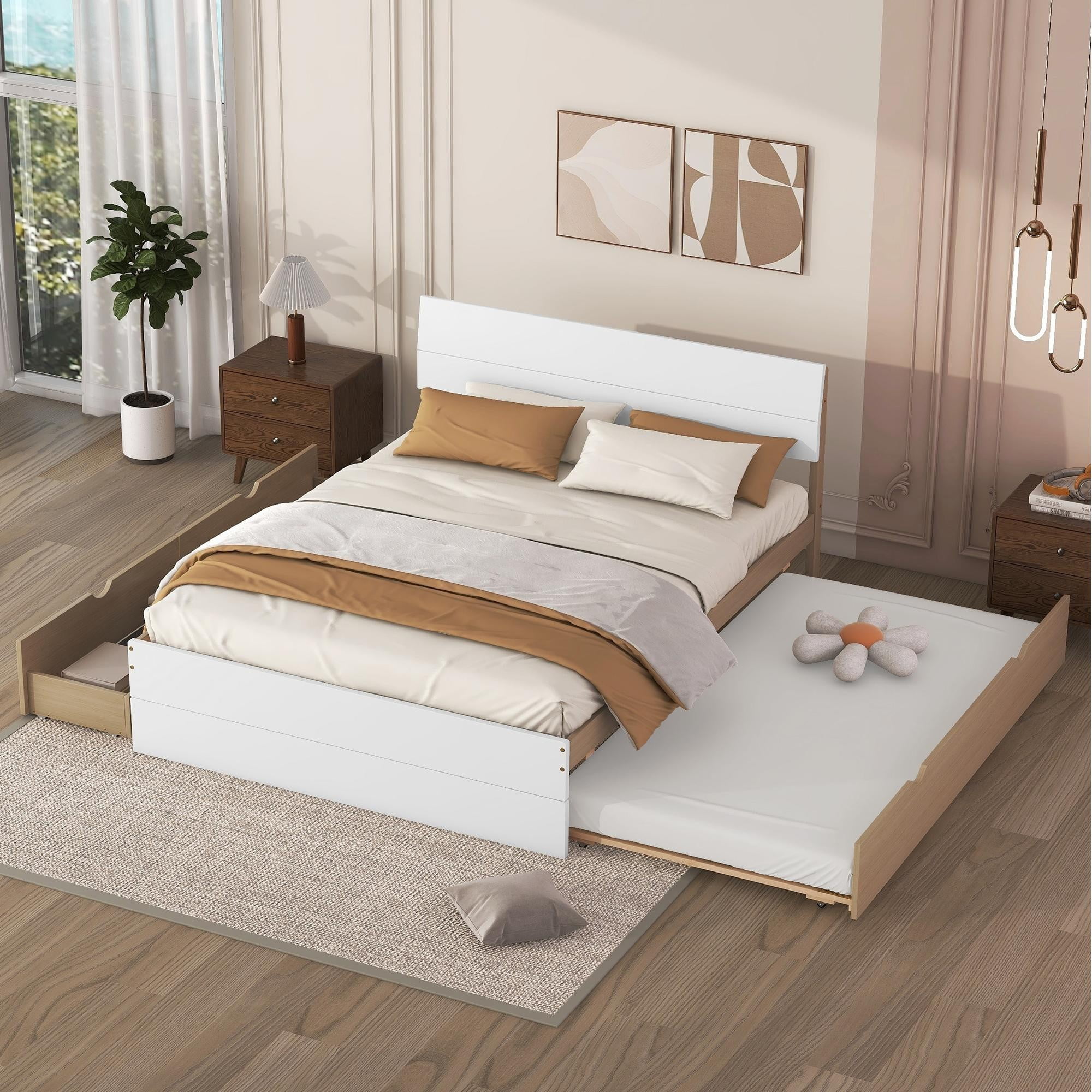 Modern Full Bed Frame with Twin Trundle & 2 Drawers – White High Gloss ...