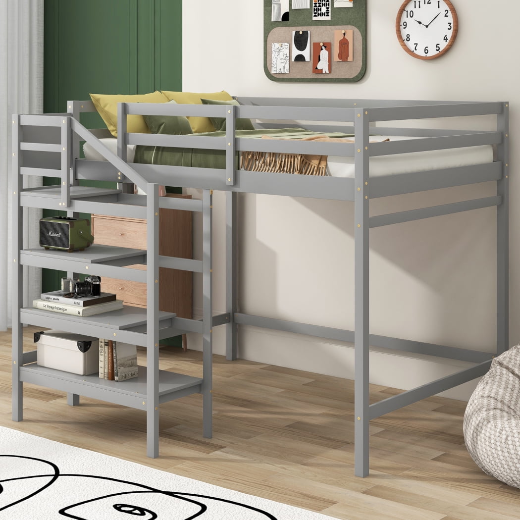Modern Full Loft Bed with Built-in Storage Staircase and Hanger for ...