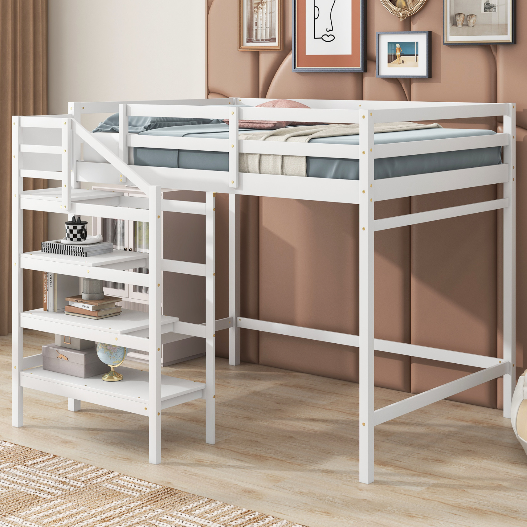 Modern Full Loft Bed with Built-in Storage Staircase and Hanger for ...