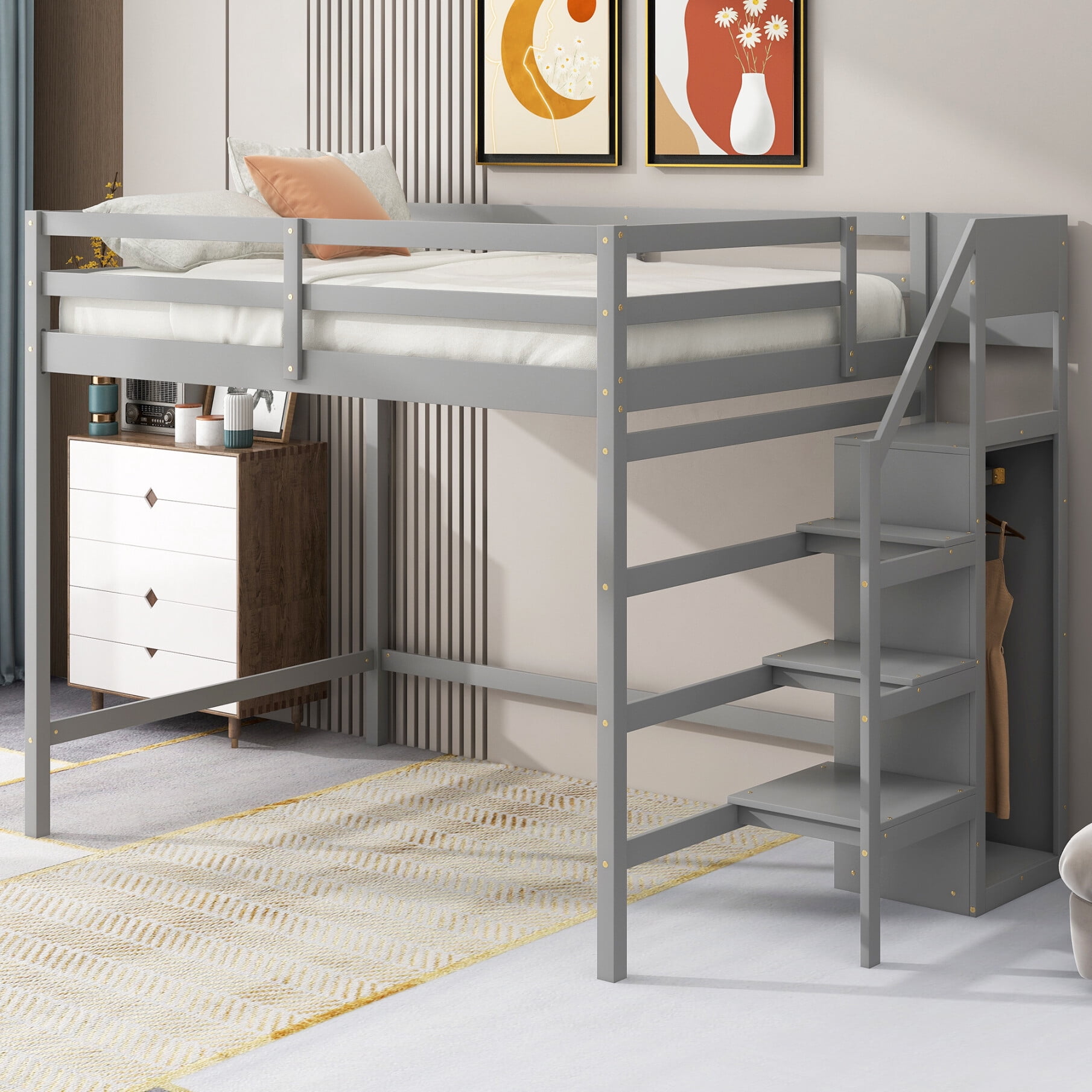 Modern Full Loft Bed with Built-in Storage Wardrobe and Staircase, Solid Wood Loft Bed Frame ...